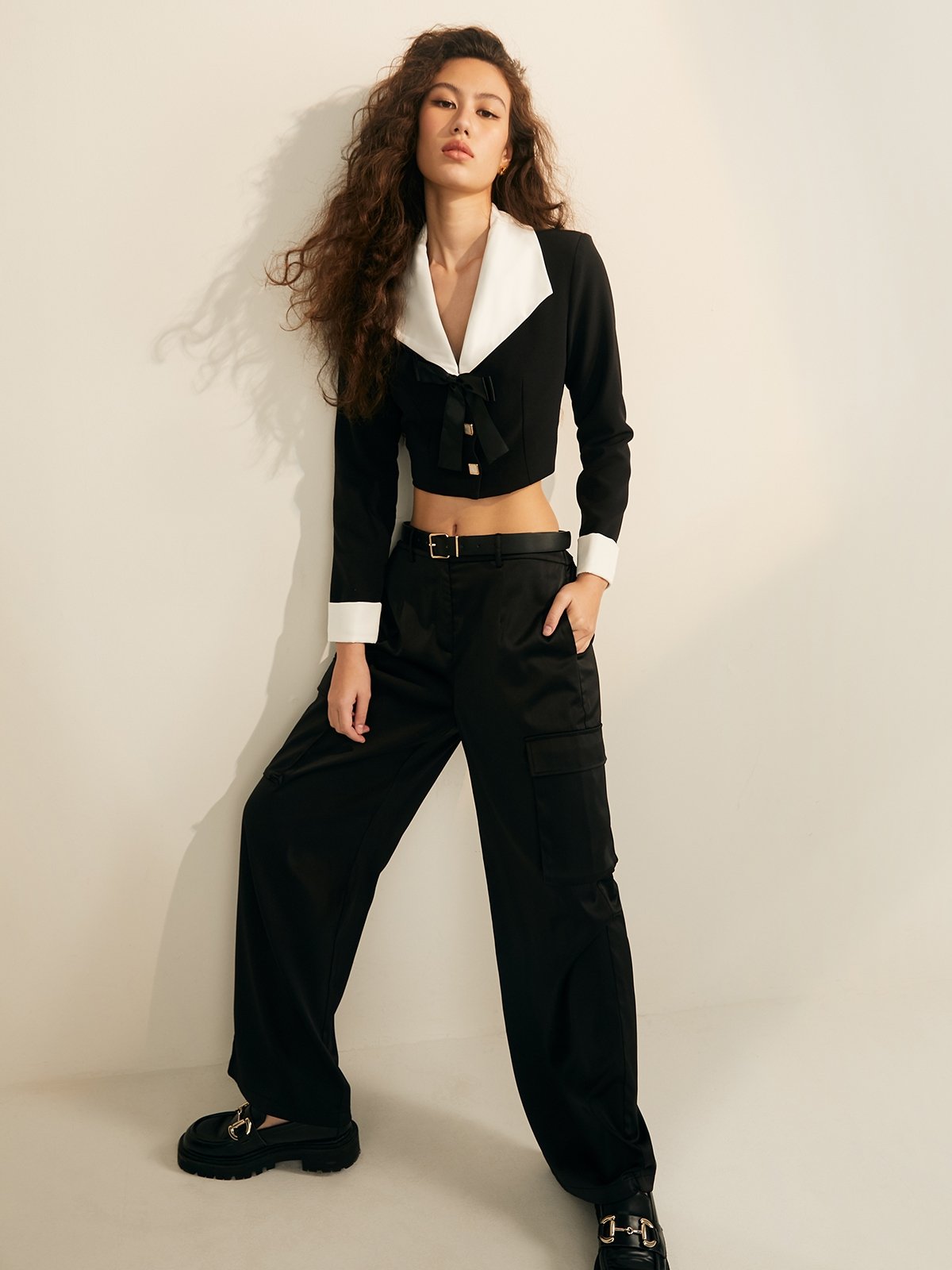 Ribbon Collared Blazer - Black - Pomelo Fashion