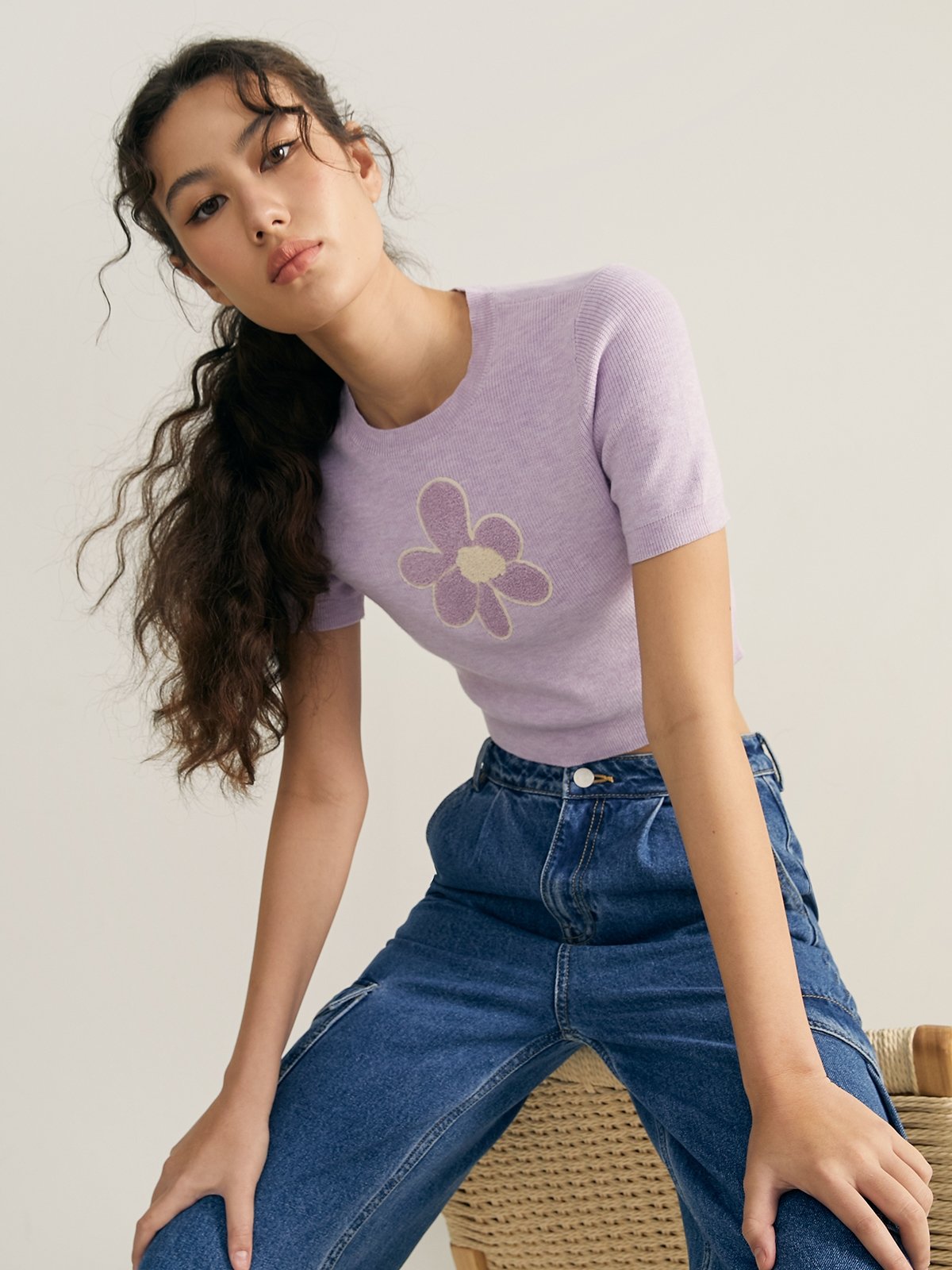 Floral Fitted Knitwear - Purple - Pomelo Fashion