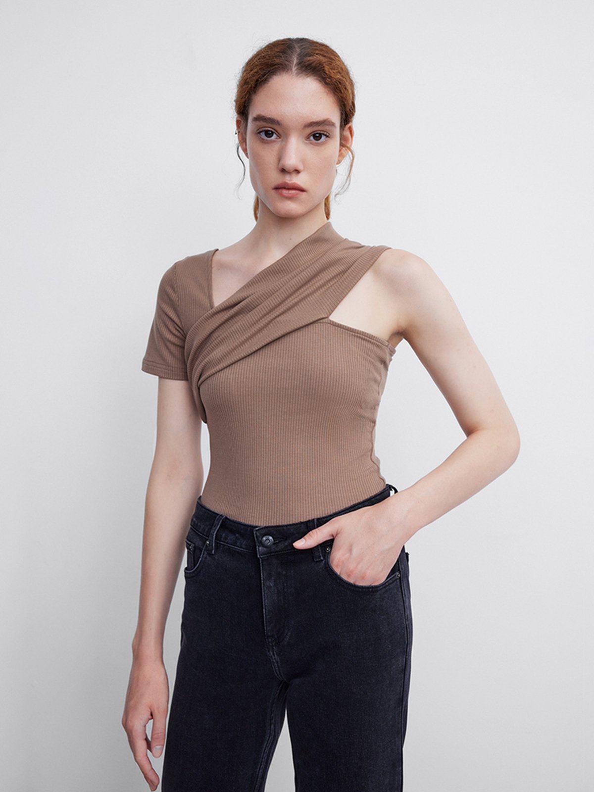 Asymmetric Knit Tee Khaki Pomelo Fashion asymmetric-knit-tee-khaki-pomelo-fashion