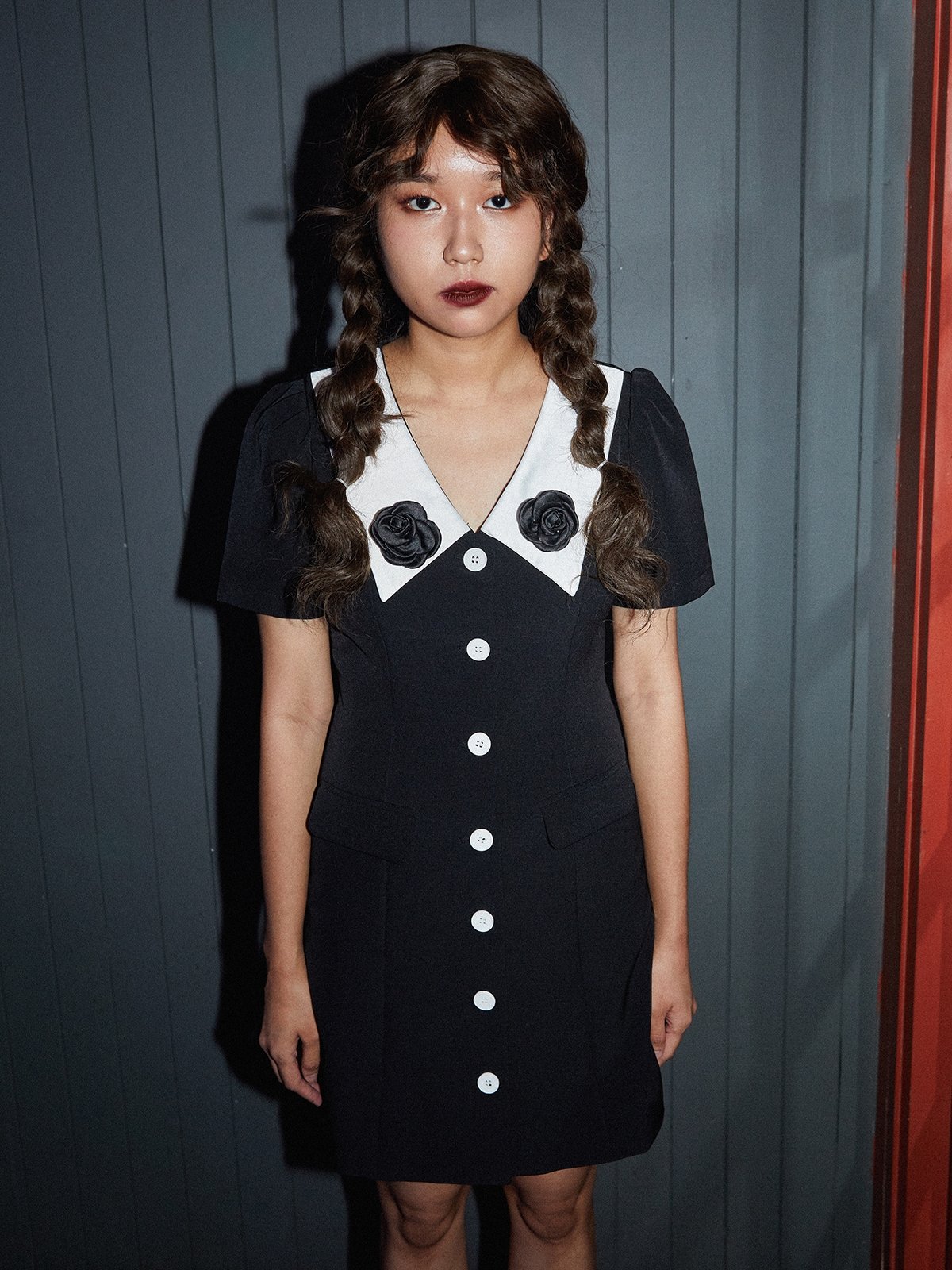 Collared Mini Dress - Black - Pomelo Fashion