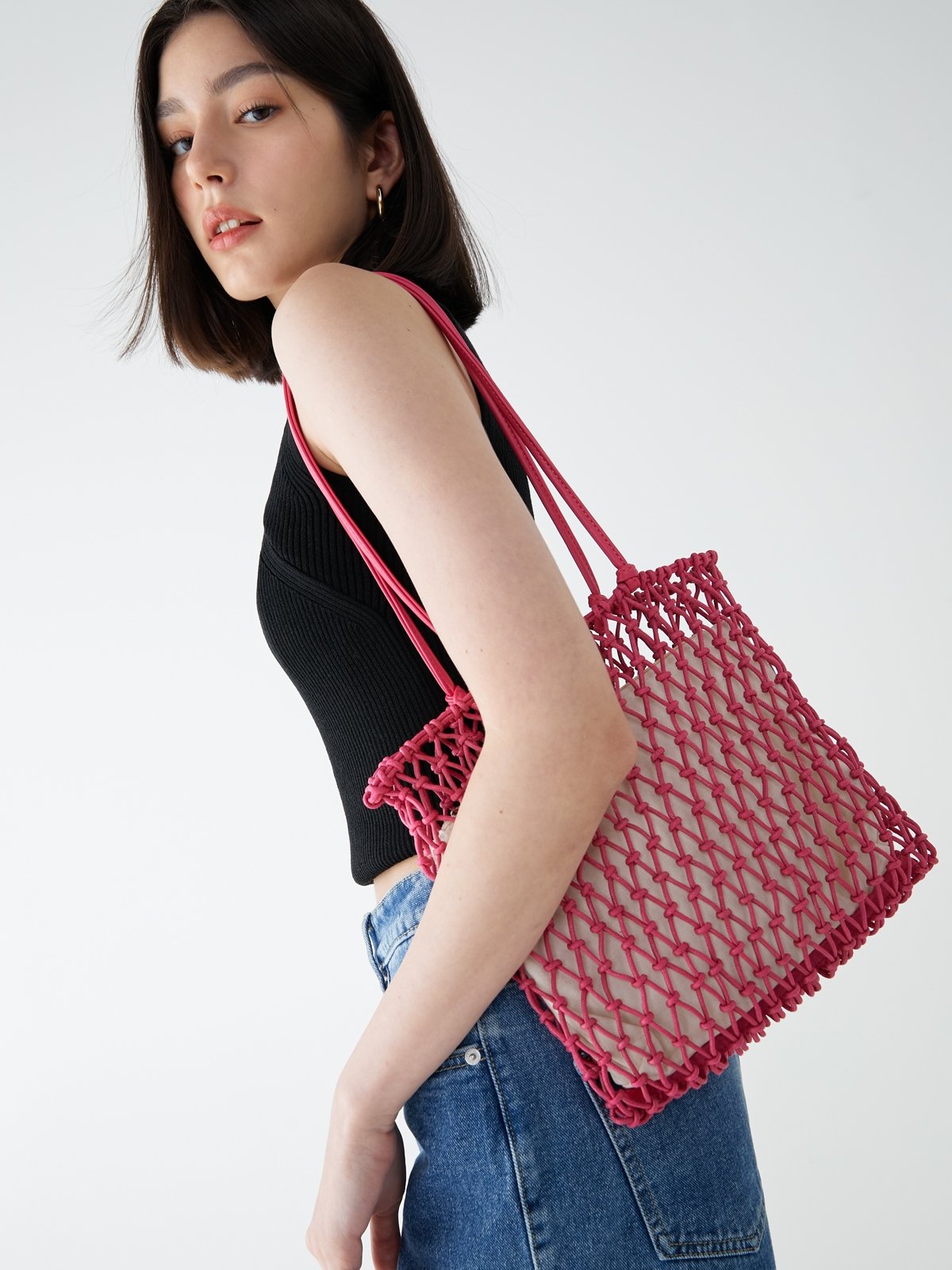 Leather Net Bag - Pink - Pomelo Fashion