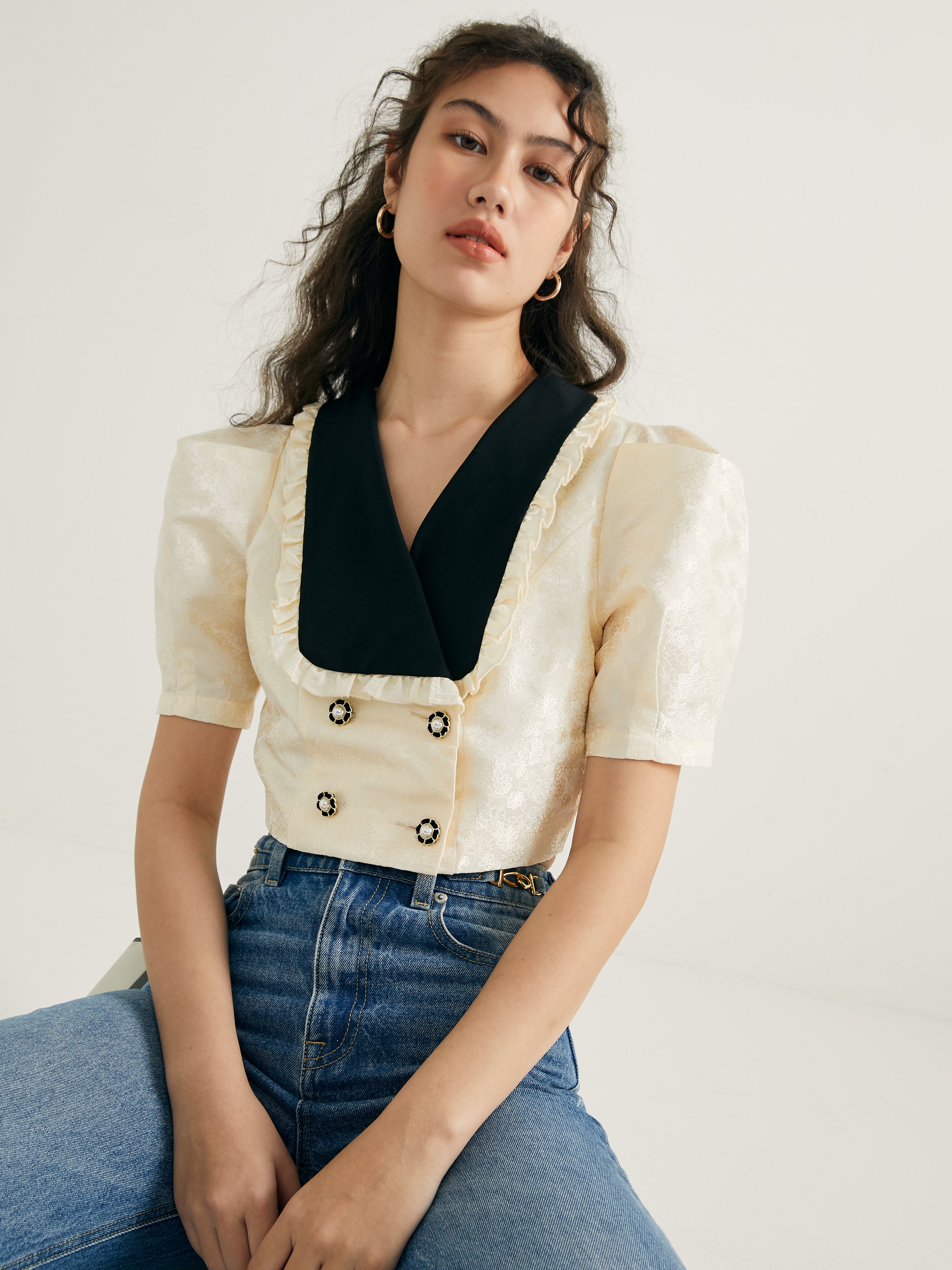 Exaggerated Collar and Puff Sleeve Top - Beige - Pomelo Fashion