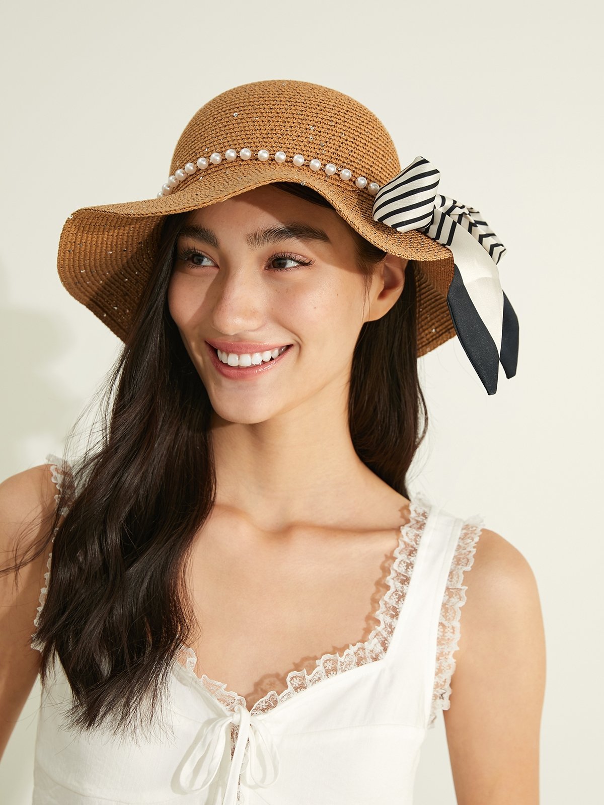 Pearl Ribbon Sunhat - Brown - Pomelo Fashion