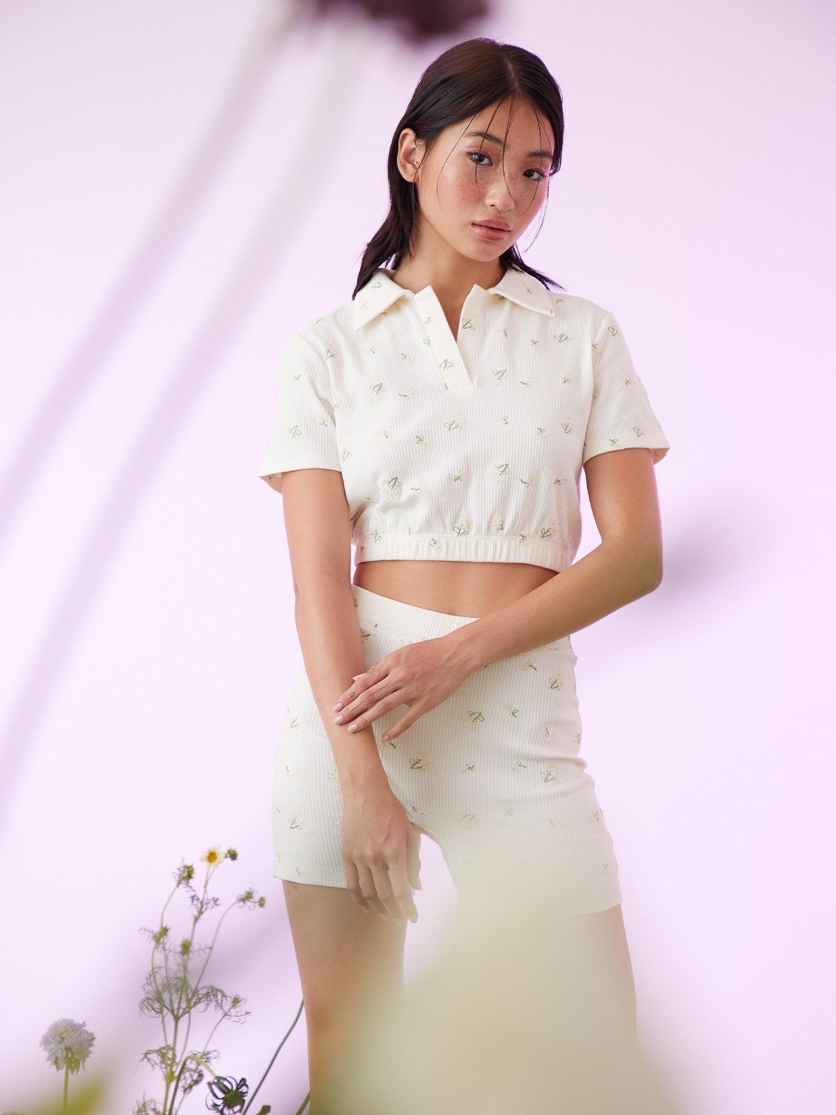 Sustainable Ribbed Daisy Print Top - Cream - Pomelo Fashion