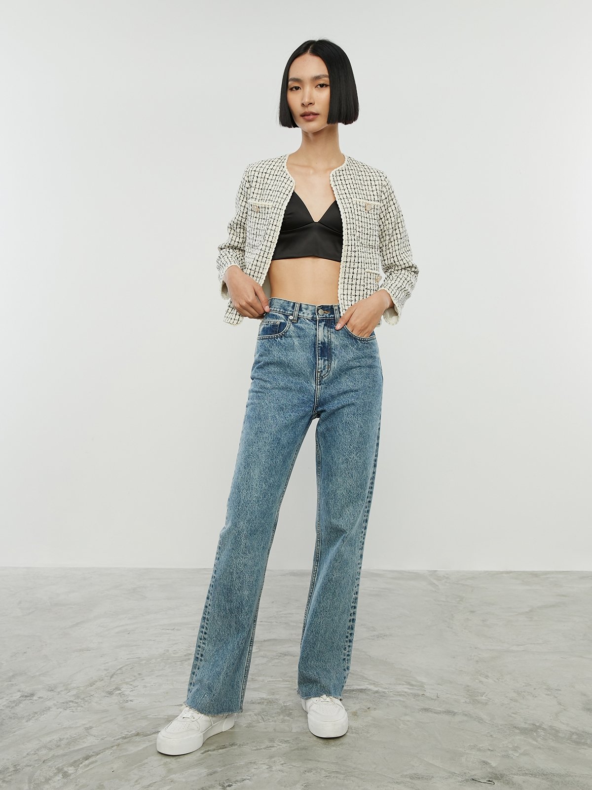 Checkered Long Sleeve Jacket - Beige - Pomelo Fashion