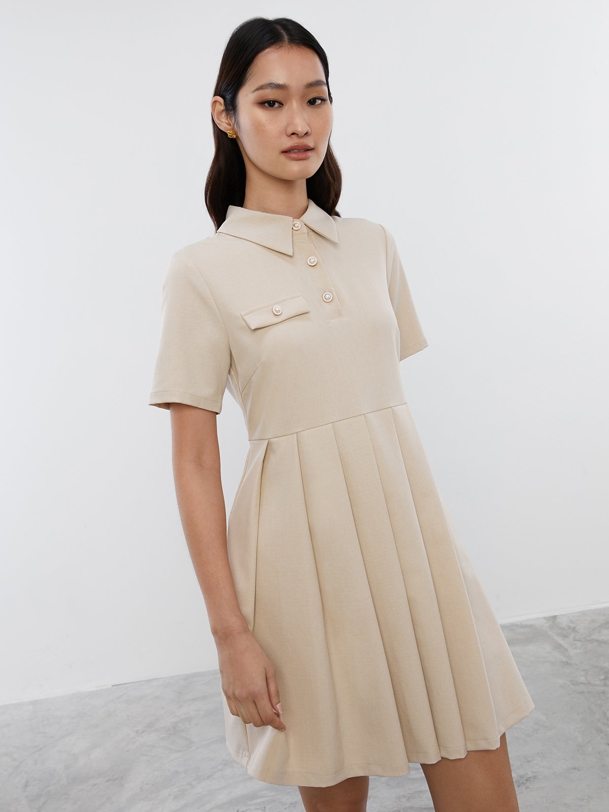 Pleated Mini Dress - Beige - Pomelo Fashion