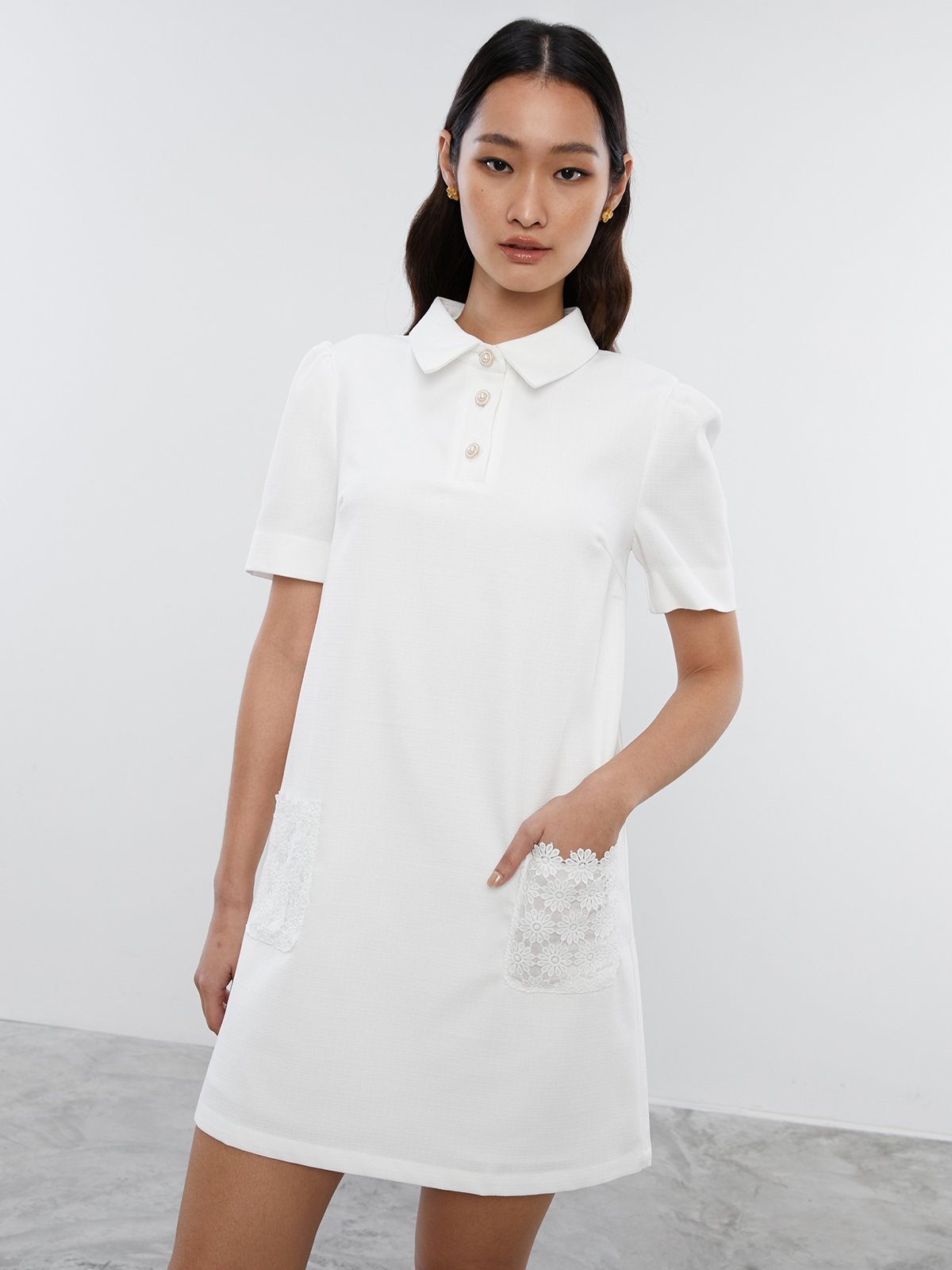 Pocket Detailed Mini Dress - White - Pomelo Fashion