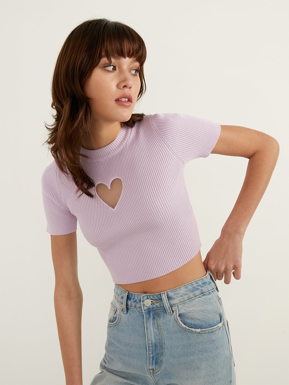 Heart Cut Out Knit Baby Tee - Purple - Pomelo Fashion