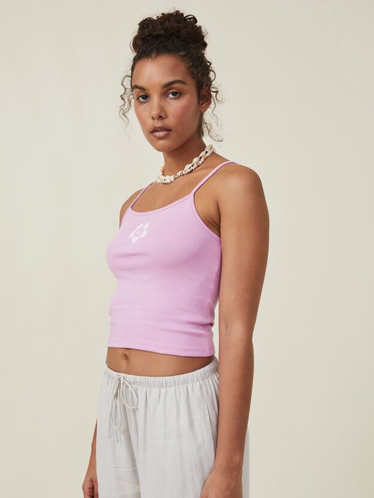 Graphic Straight Neck Rib Cami - Poppy Pink - Pomelo Fashion