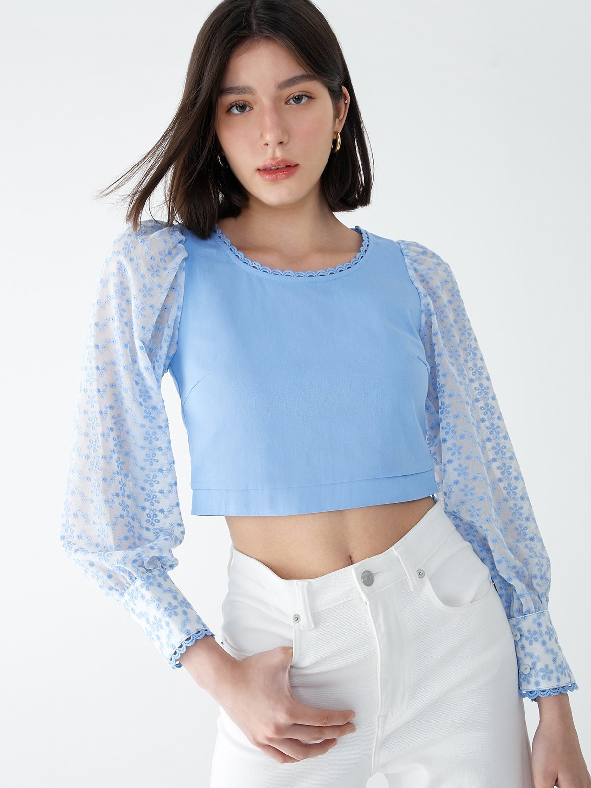 Ruffled Square Neck Long Sleeve Crop Top - Blue - Pomelo Fashion