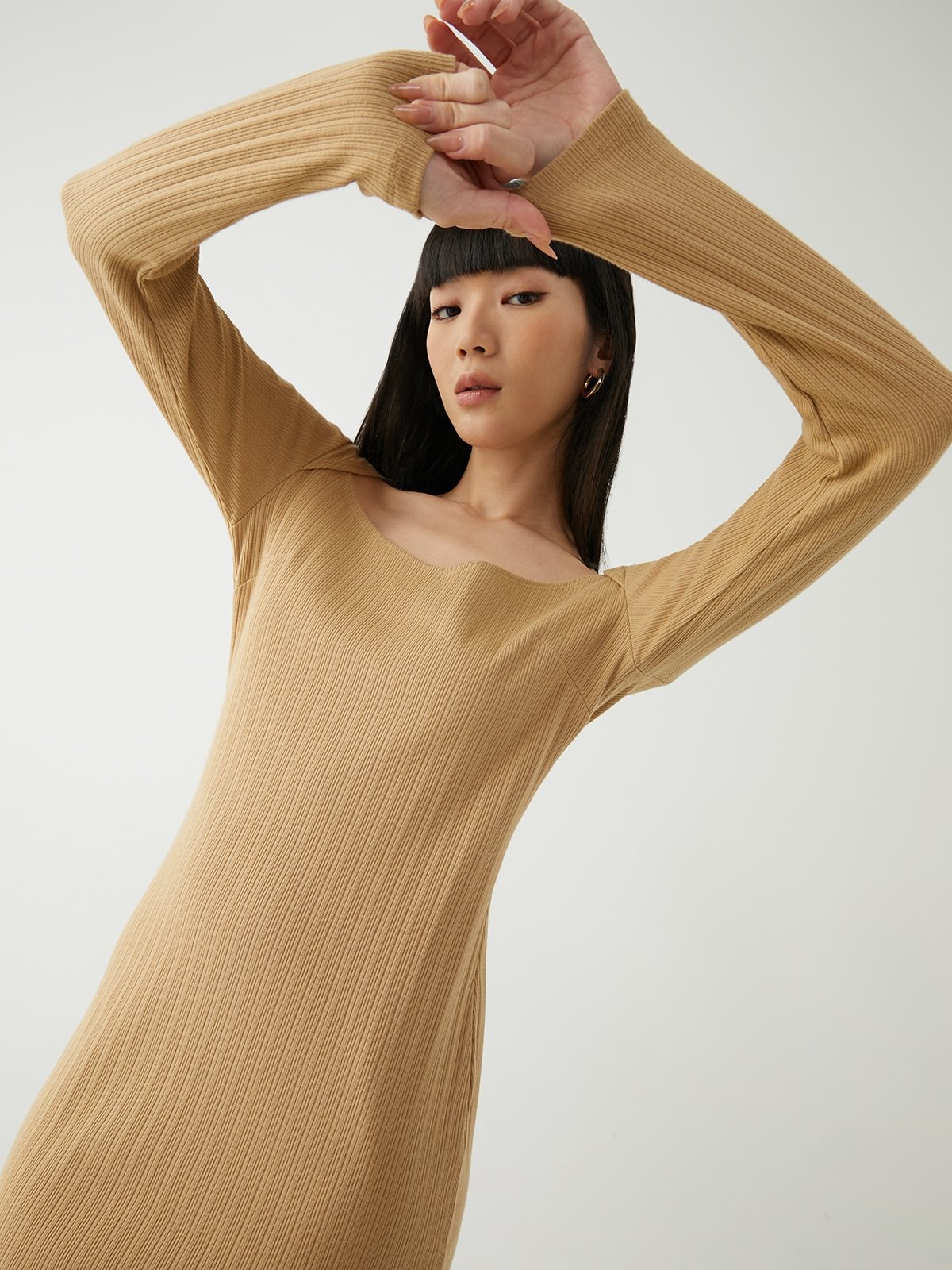 Square Neck Long Sleeve Dress - Caramel - Pomelo Fashion