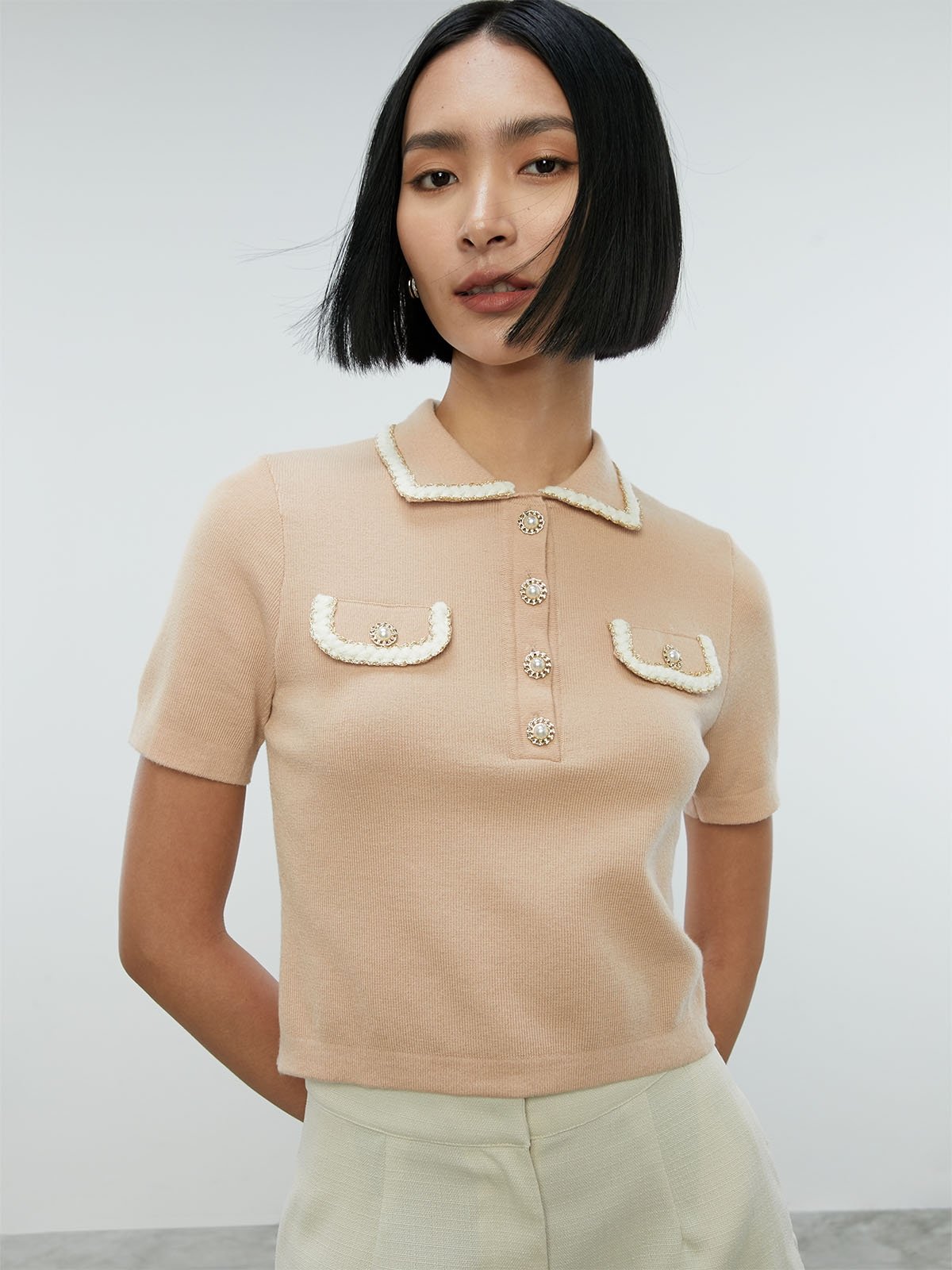 Textured Contrast Trim Top - Caramel - Pomelo Fashion