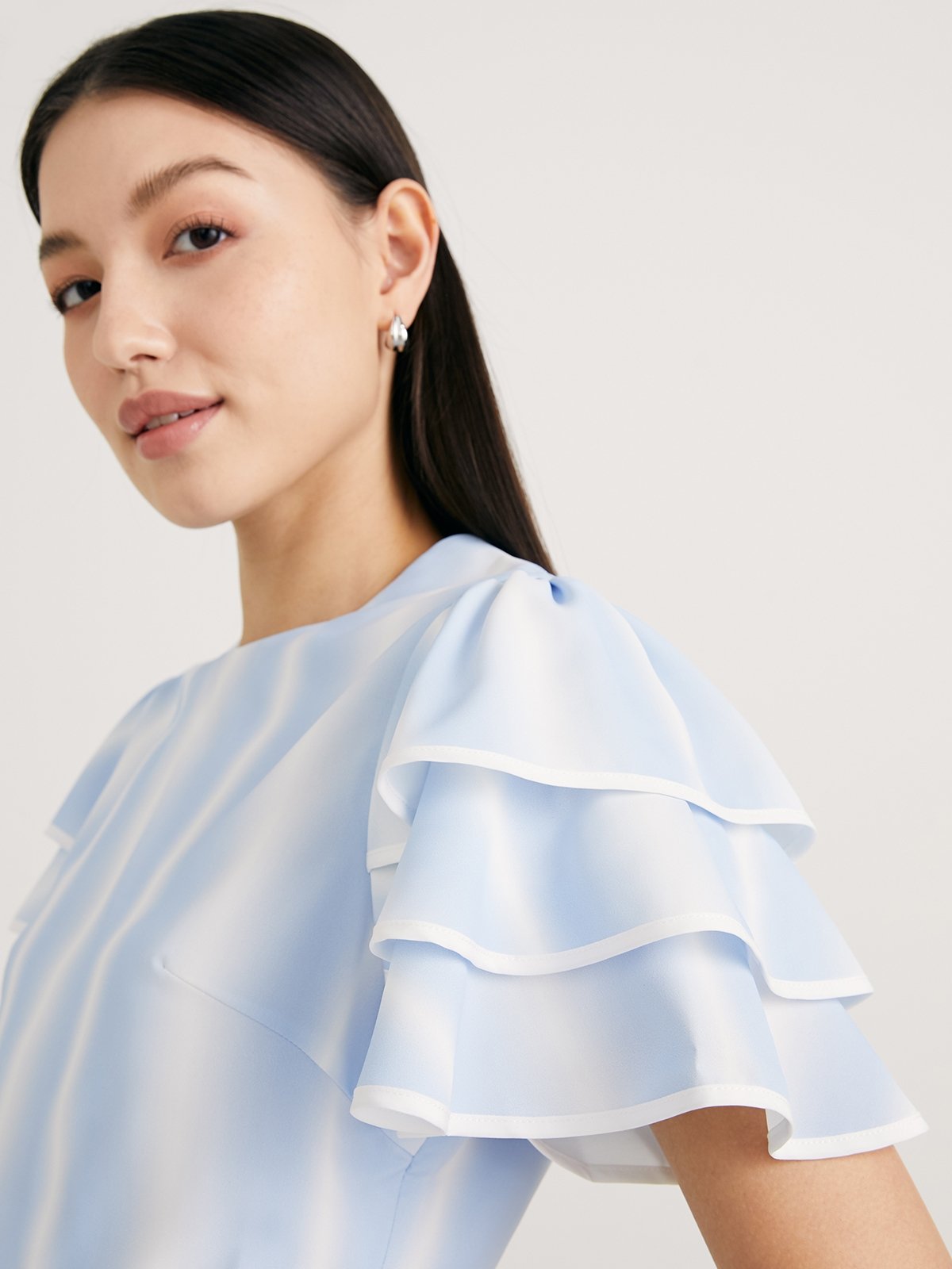 Ruffle Sleeve Blouse - Blue - Pomelo Fashion