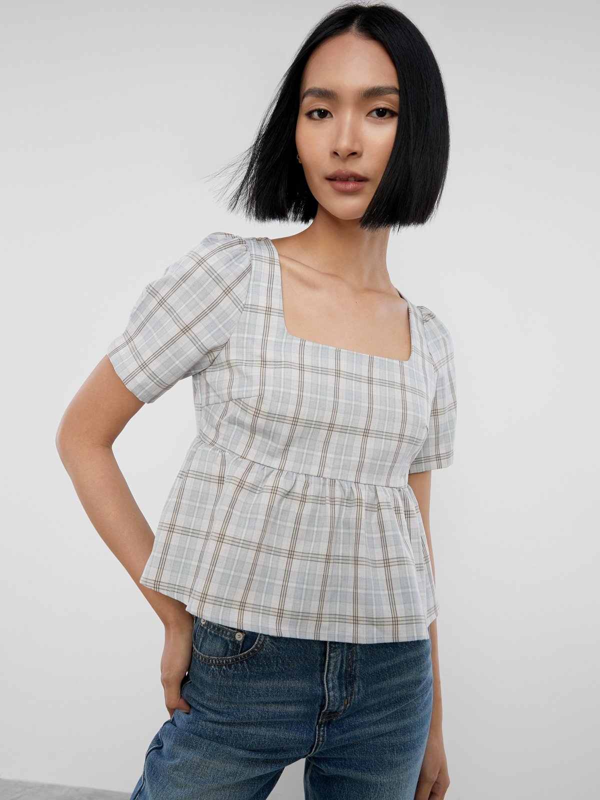 Ruffled Checkered Top - Blue - Pomelo Fashion