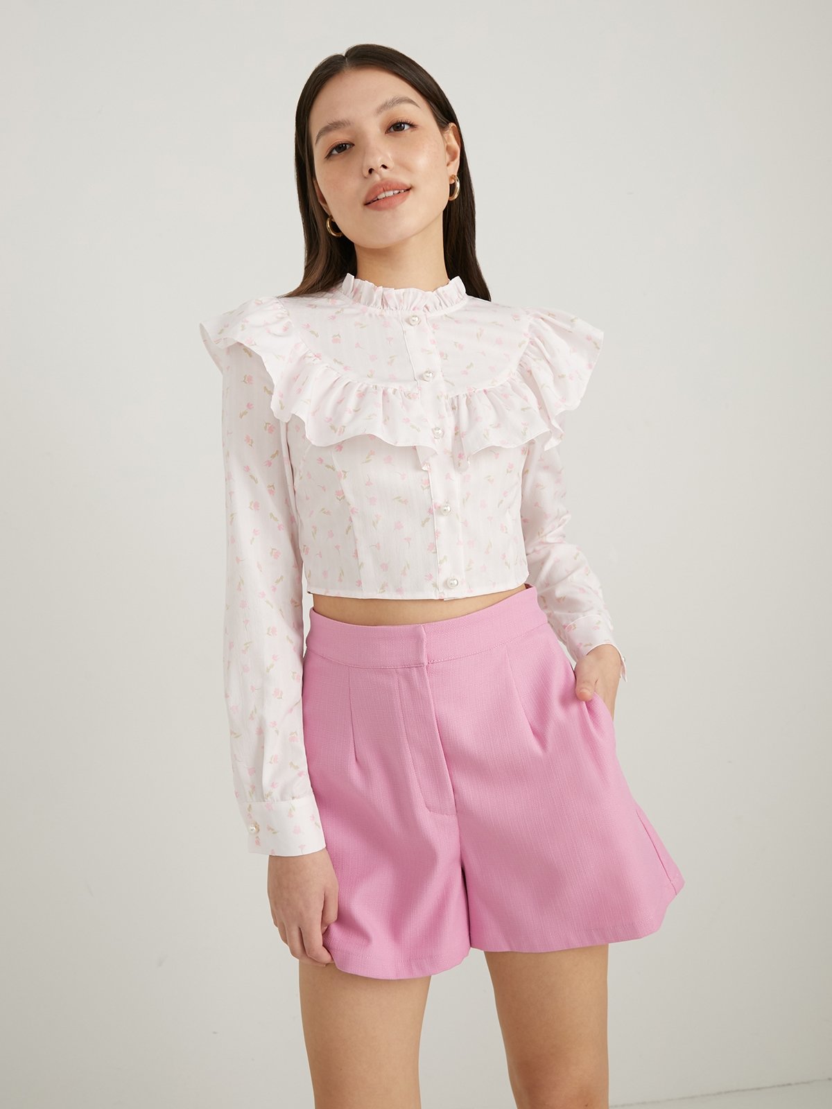 Ruffled Floral Long Sleeve Shirt - Pink - Pomelo Fashion