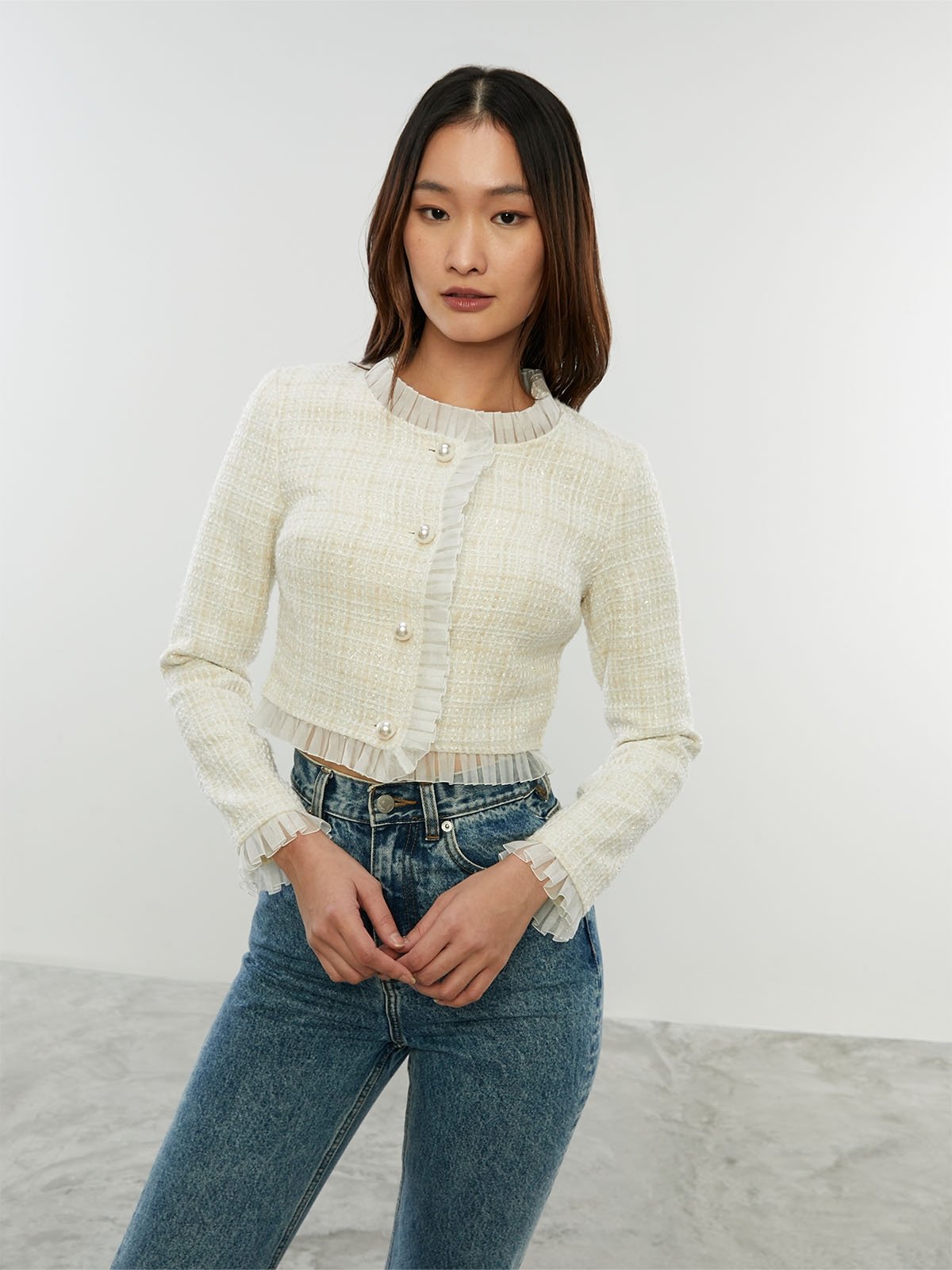 Ruffle Tweed Jacket - Beige - Pomelo Fashion