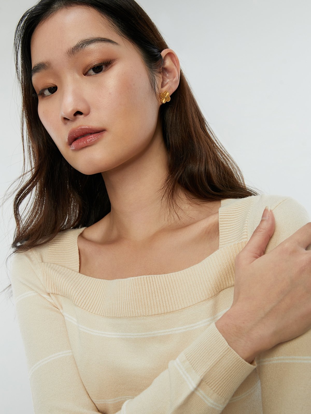 Square Neck Knit Top Beige Pomelo Fashion