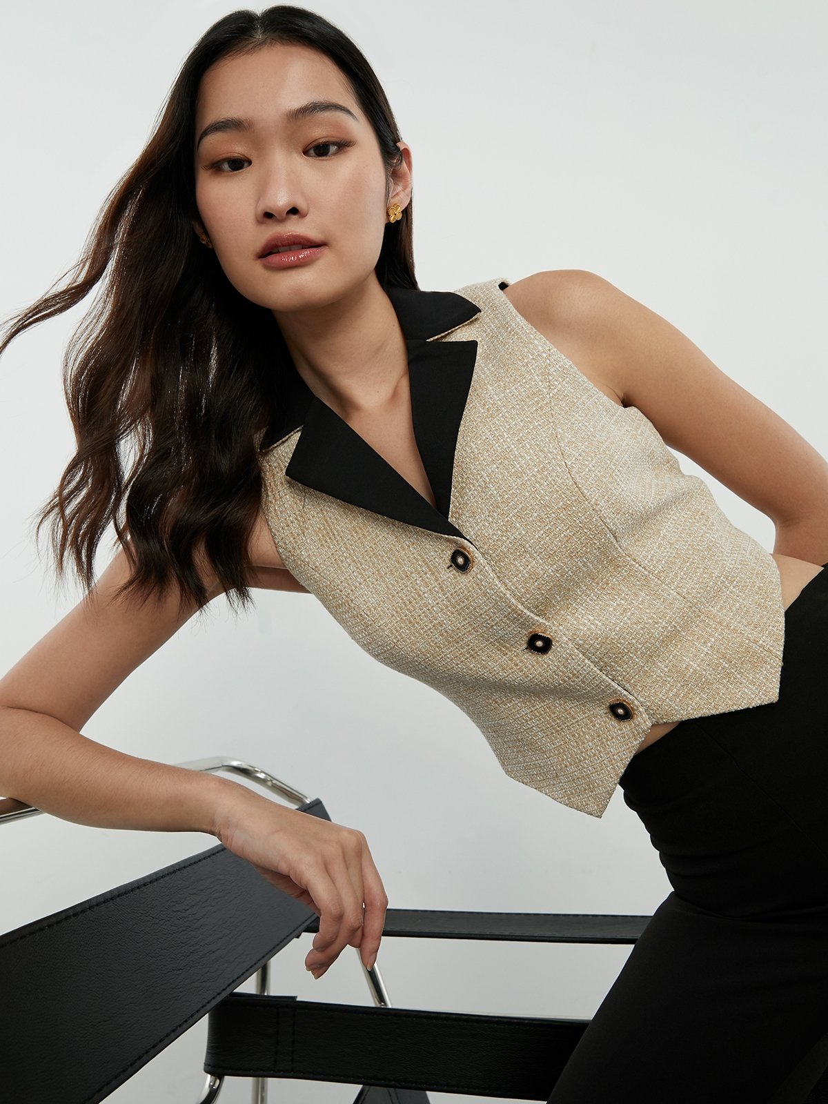 Tweed Sleeveless Fitted Top - Beige - Pomelo Fashion