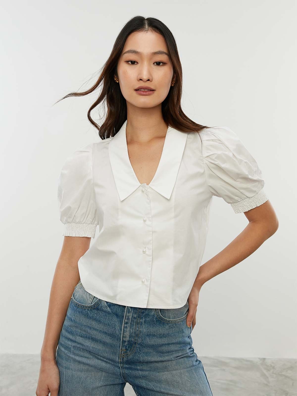 Deep V-Neckline Puffed Sleeves Shirt - White - Pomelo Fashion