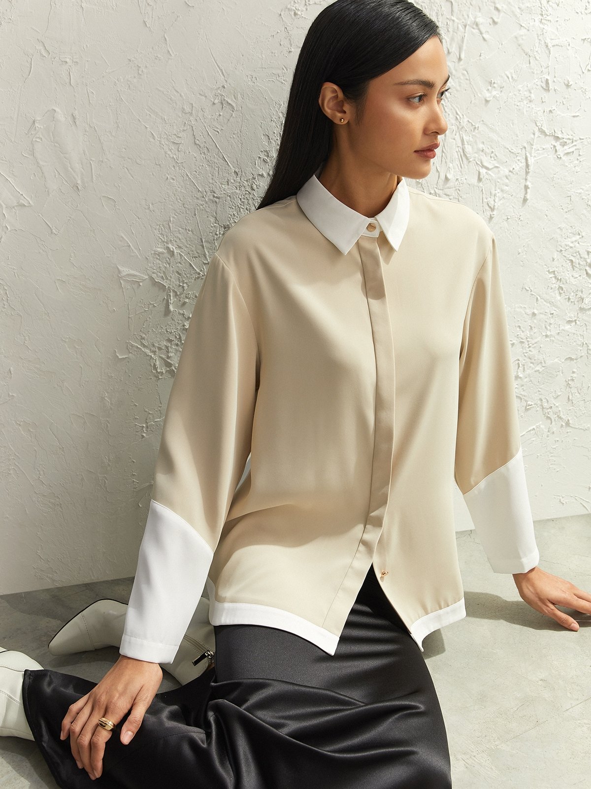 Two Tone Shirt - Beige - Pomelo Fashion