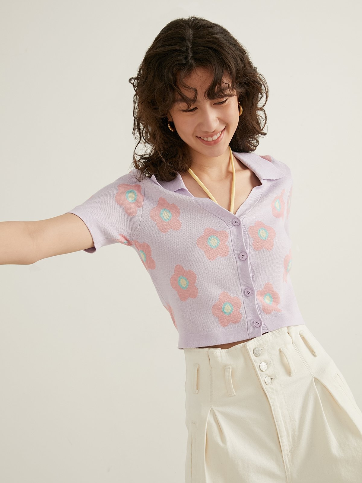 Collared Knitted Top - Purple - Pomelo Fashion