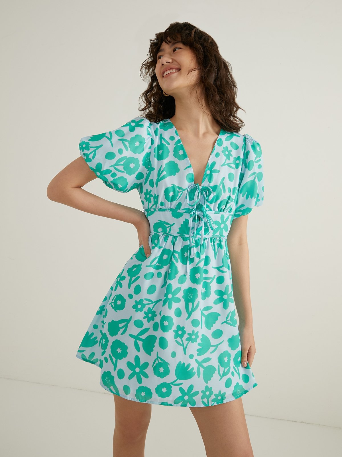 Deep V-Neck Mini Dress - Blue - Pomelo Fashion