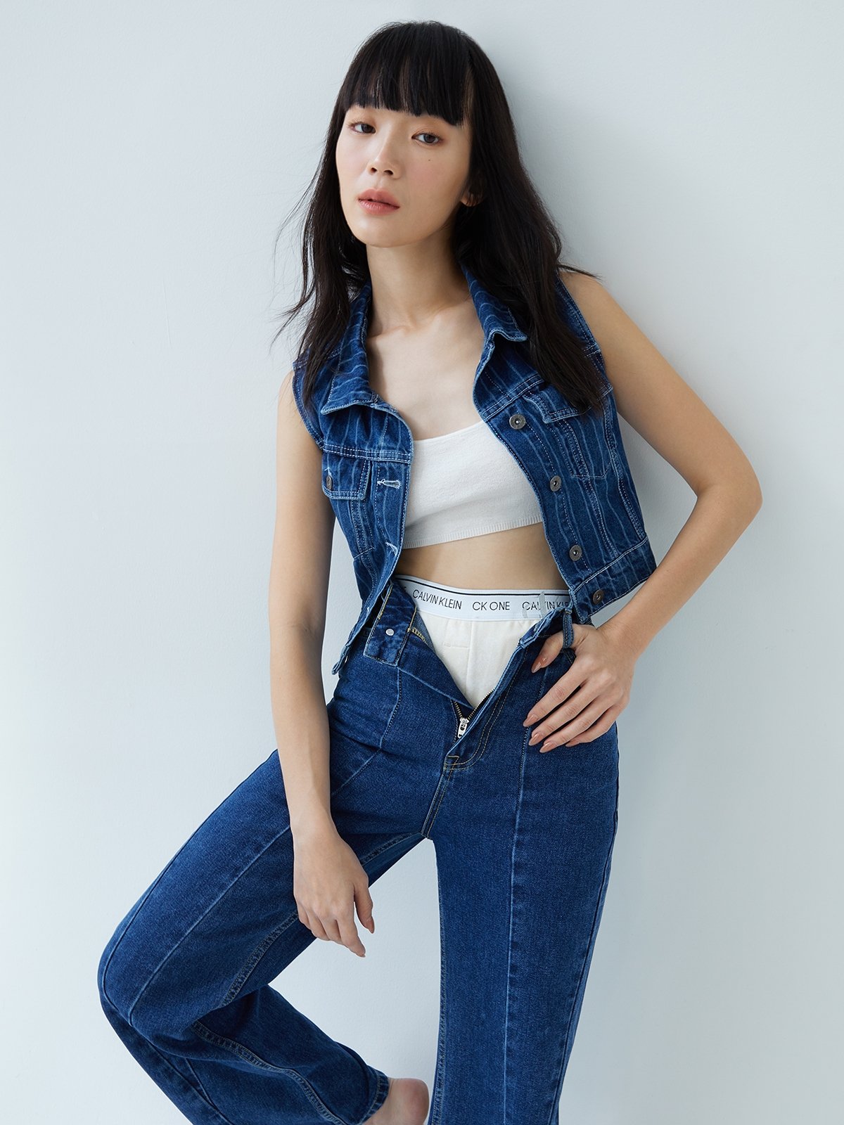Straight Leg Denim Jeans - Blue - Pomelo Fashion