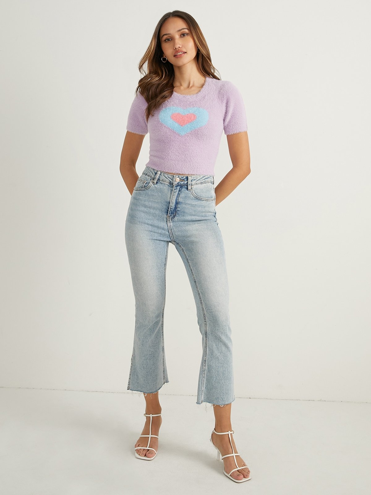 Heart Print Fluffy Top - Purple - Pomelo Fashion