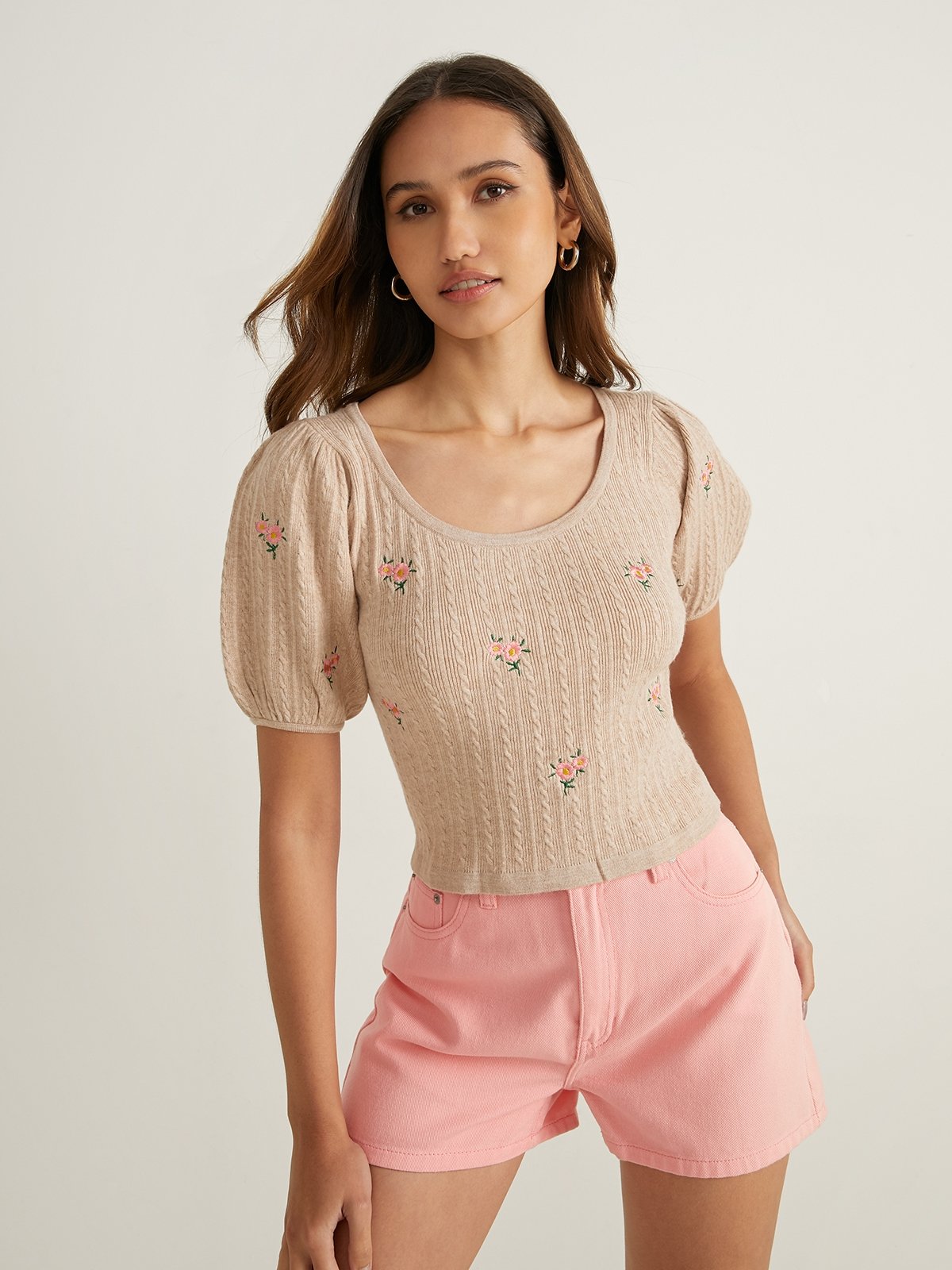 Flower Embroidered Puffed Sleeve Top - Beige - Pomelo Fashion
