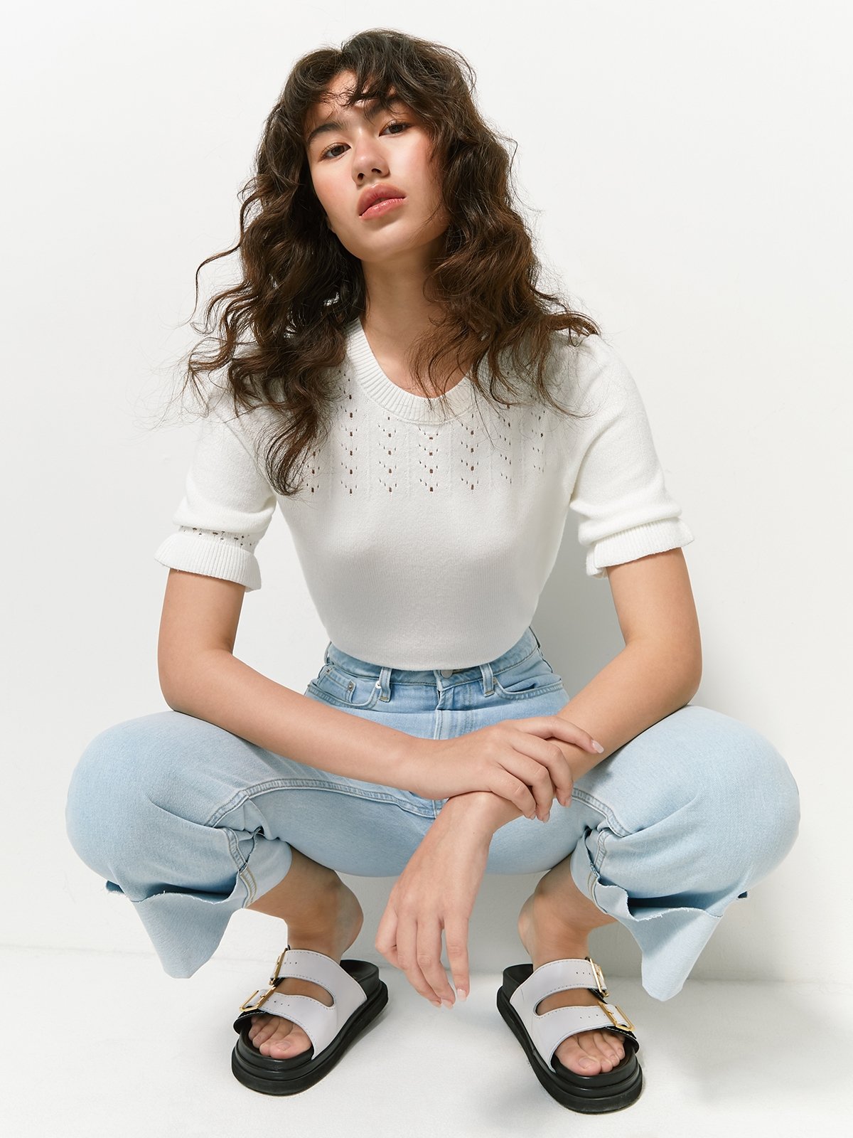Eyelet Detailed Knit Top - White - Pomelo Fashion