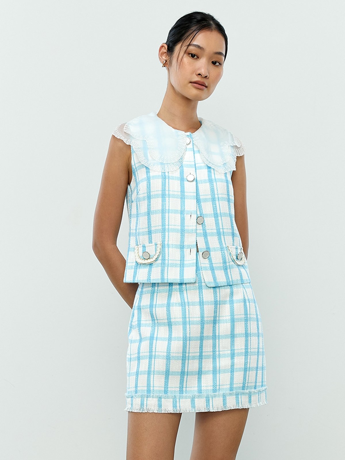 Fringed Hemline Mini Skirt - Blue - Pomelo Fashion