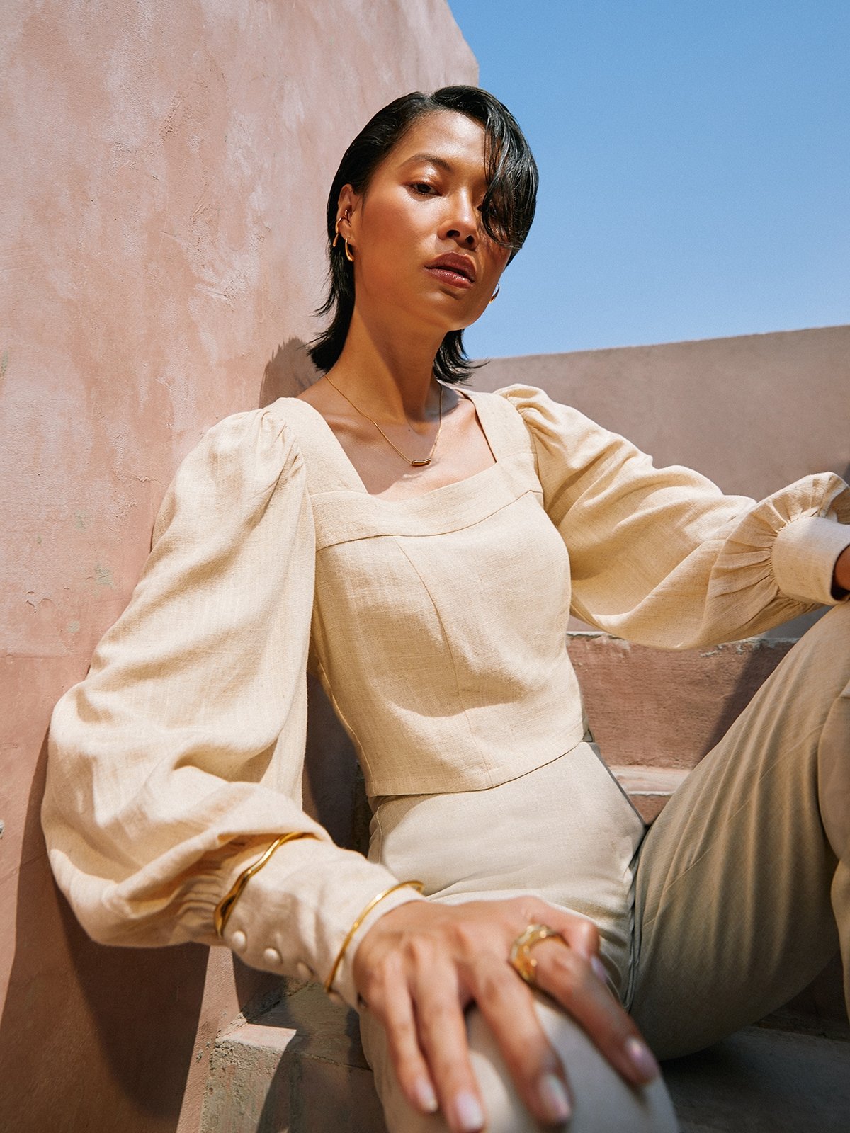 Square Neck Crop Top - Beige - Pomelo Fashion