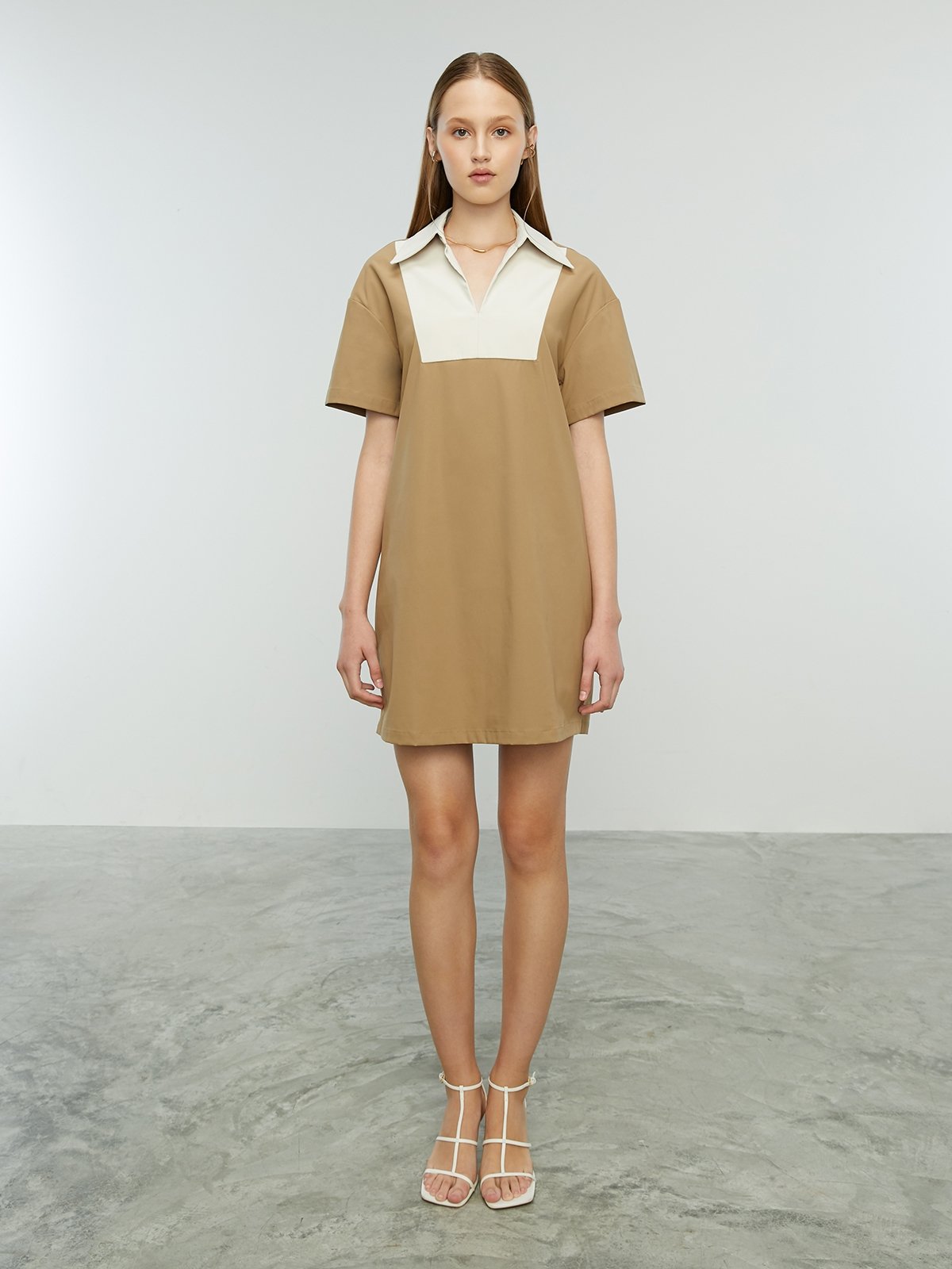 V-neck Mini Dress - Brown - Pomelo Fashion