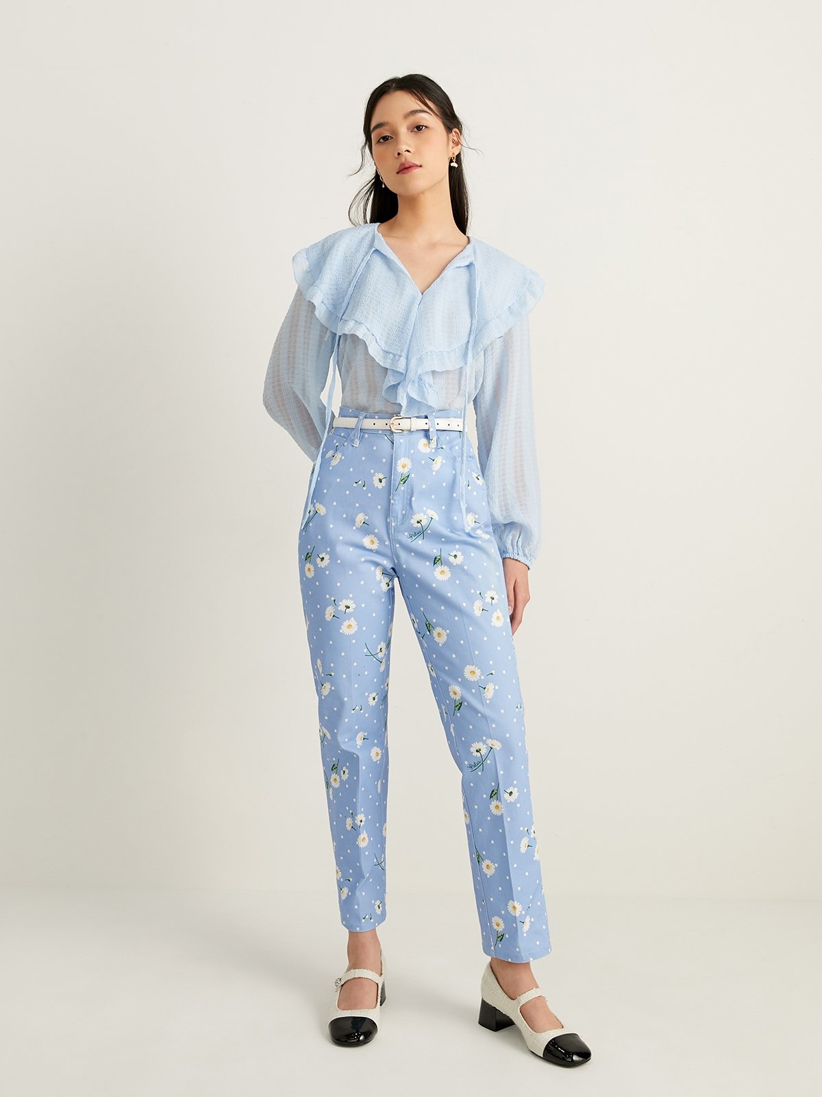 Tie Front Ruffle Blouse - Blue - Pomelo Fashion