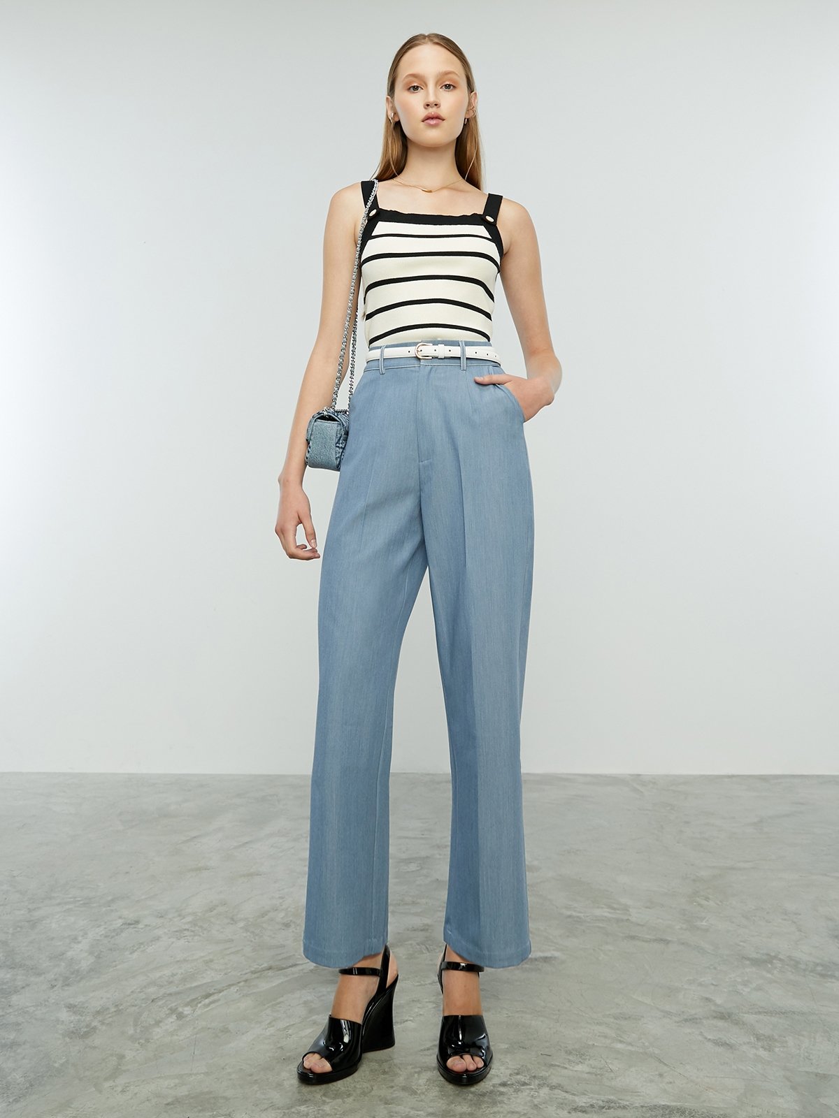 High Waist Wide Leg Pants - Blue - Pomelo Fashion