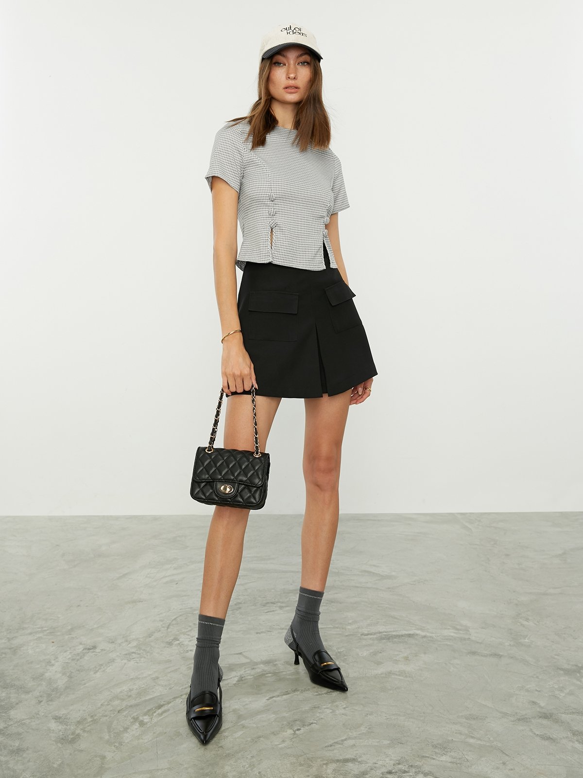 Plaid Front Slit Top - Mid Grey - Pomelo Fashion