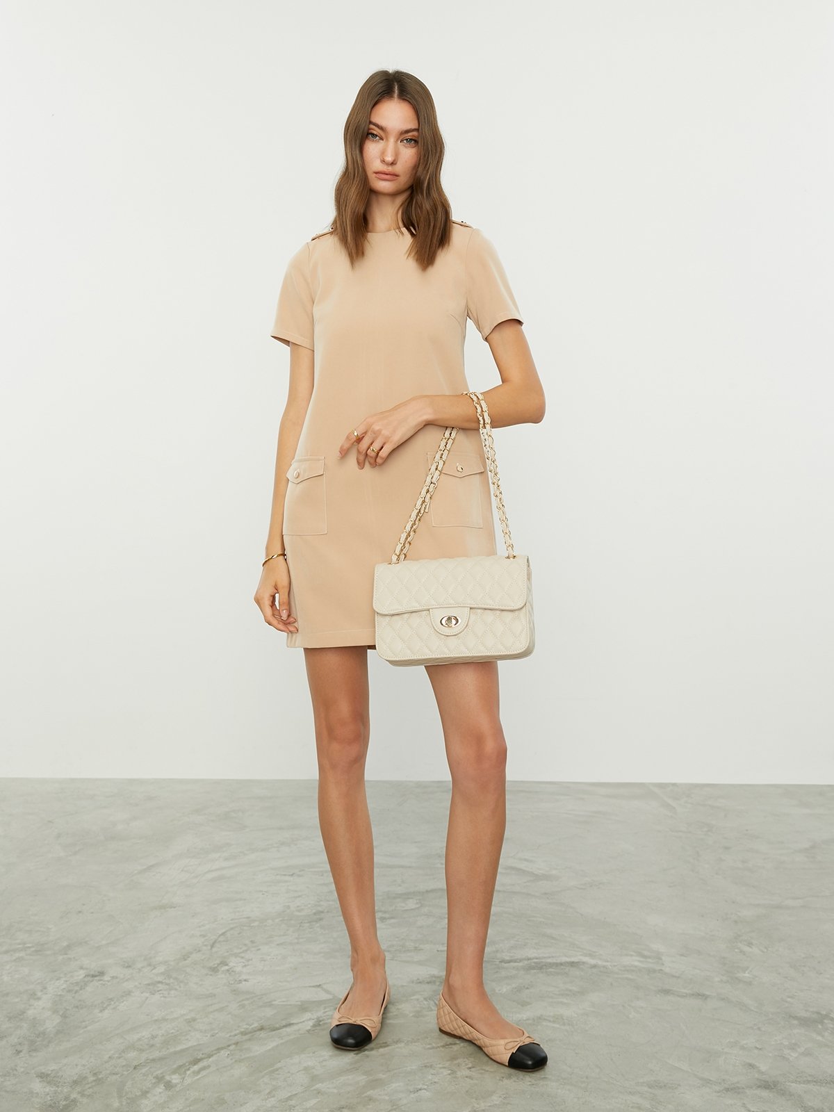 Front Pocket Mini Dress - Beige - Pomelo Fashion