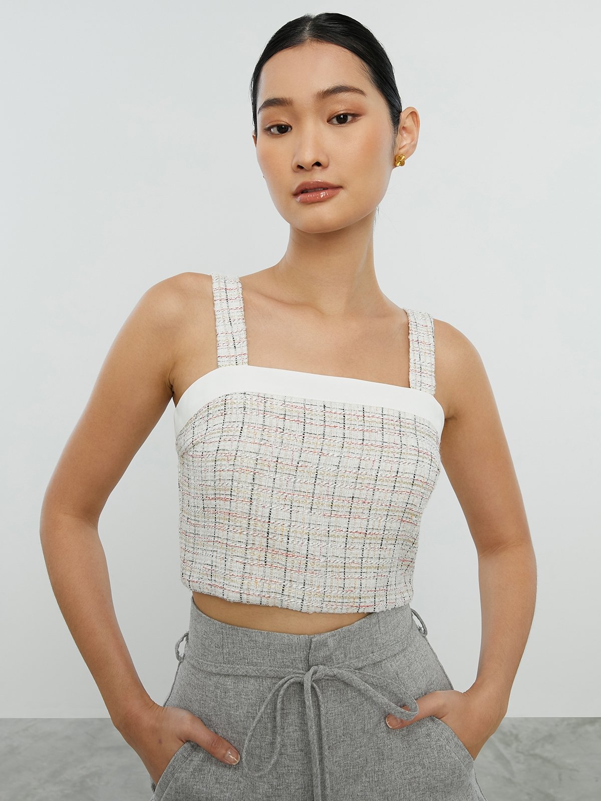 Tweed Tank Top - White - Pomelo Fashion