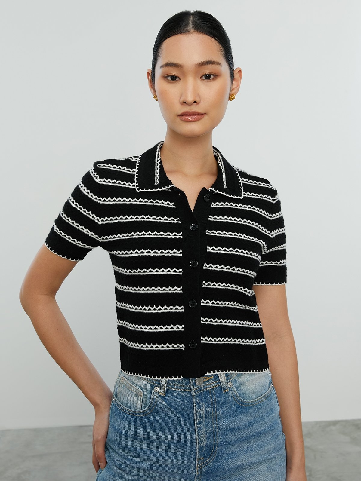 Chevron Knit Top - Black - Pomelo Fashion