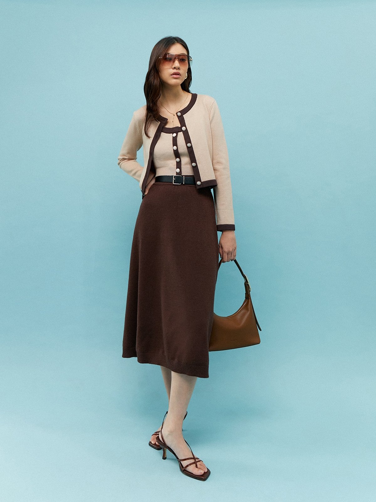 Contrast Trim Cardigan - Brown - Pomelo Fashion
