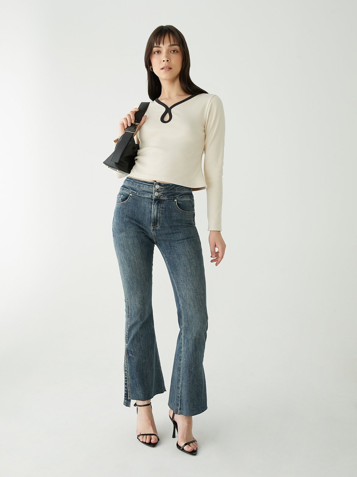 Long Sleeve Keyhole Top - Beige - Pomelo Fashion