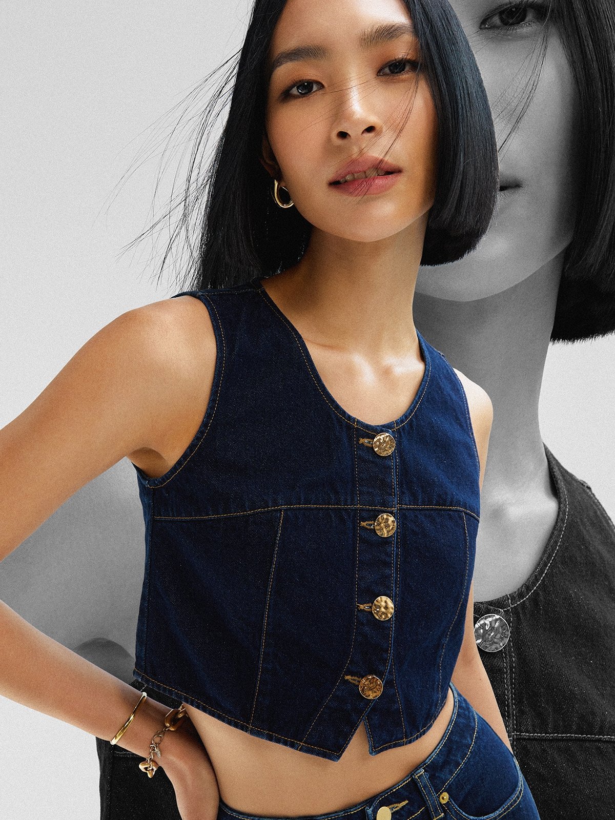 Front Button Tank Top - Dark Blue - Pomelo Fashion