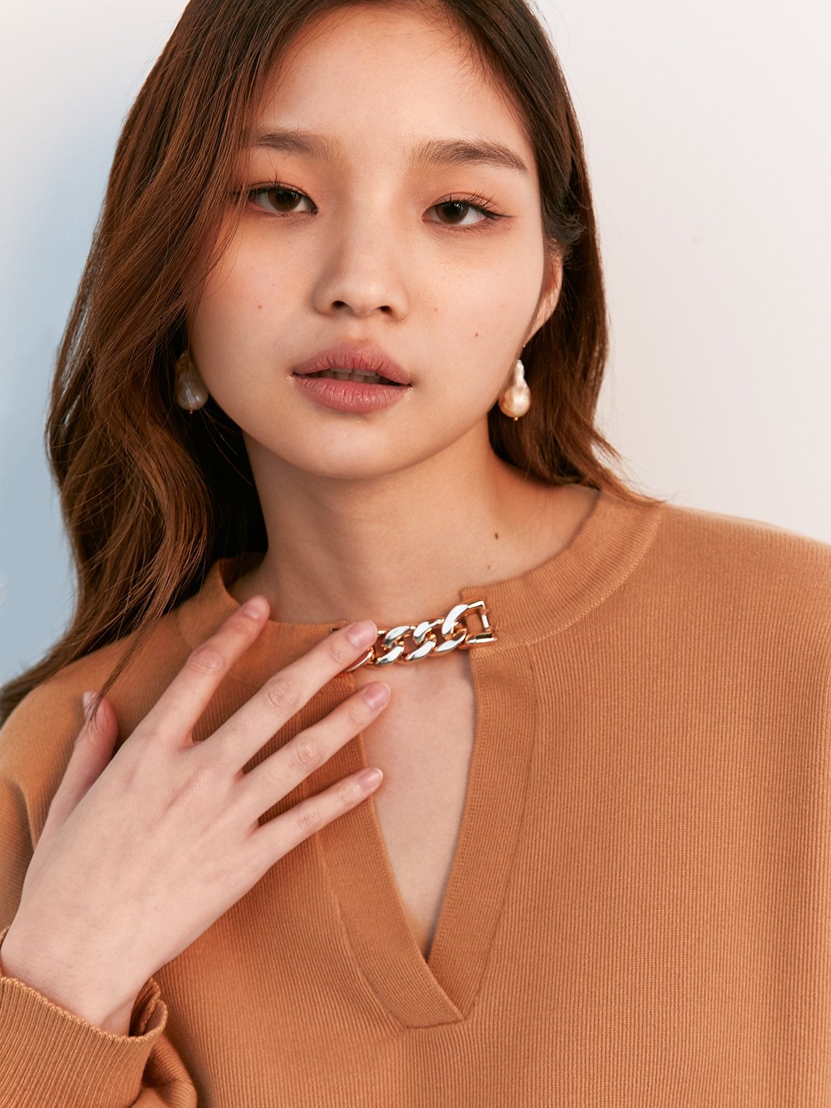 V-neck Long Sleeve Knit Top - Brown - Pomelo Fashion