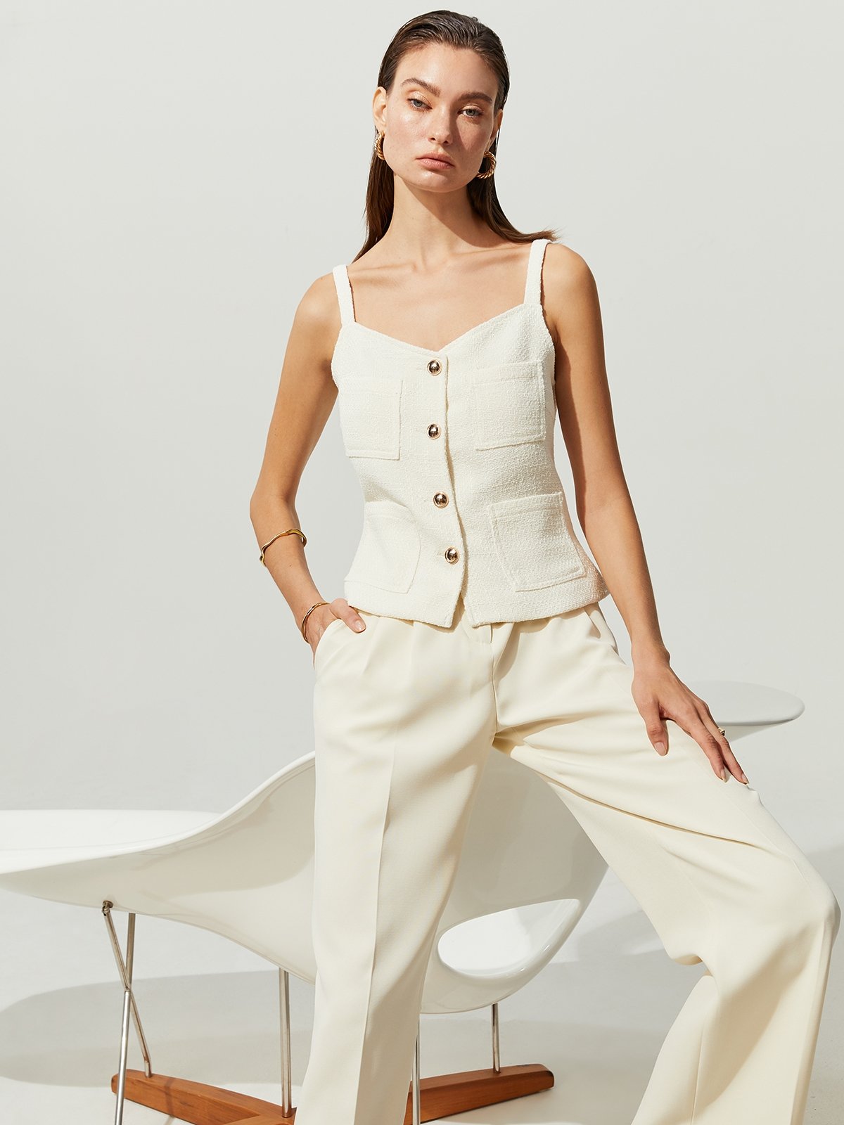 Sweetheart Pocket Tank Top - Beige - Pomelo Fashion