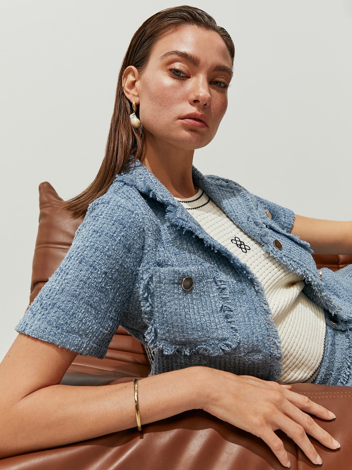 Tweed Crop Top Blue Pomelo Fashion