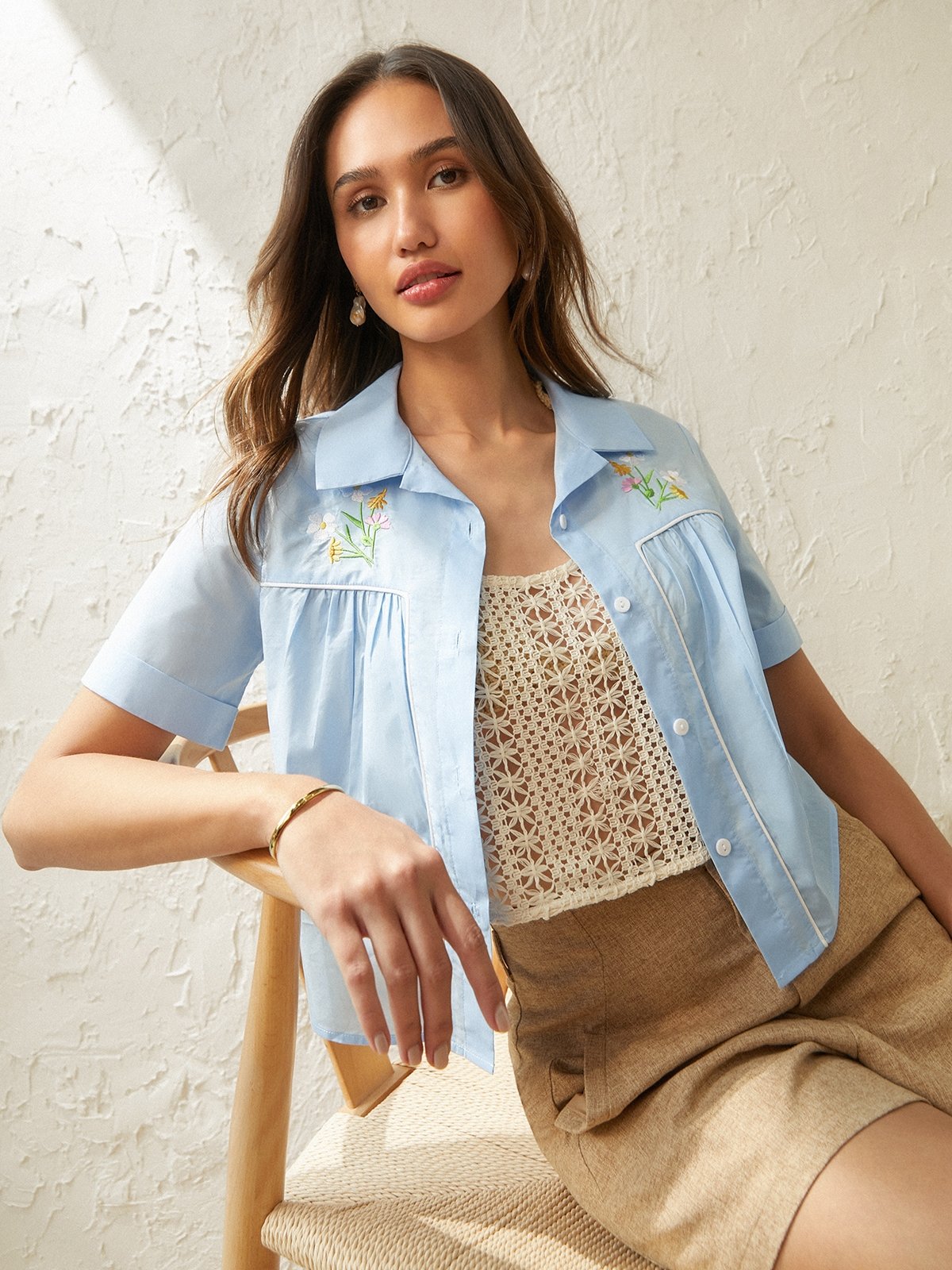 Floral Embroidered Top - Blue - Pomelo Fashion