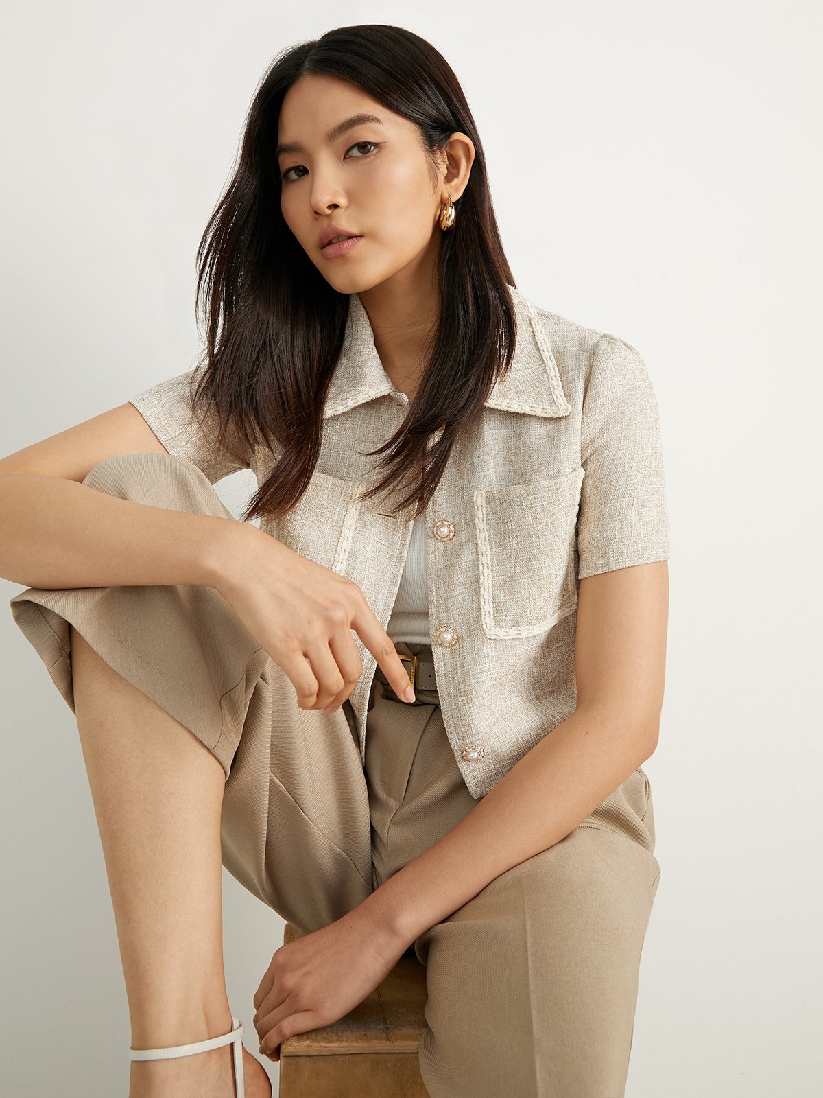 Contrast Trim Tweed Crop Top - Beige - Pomelo Fashion