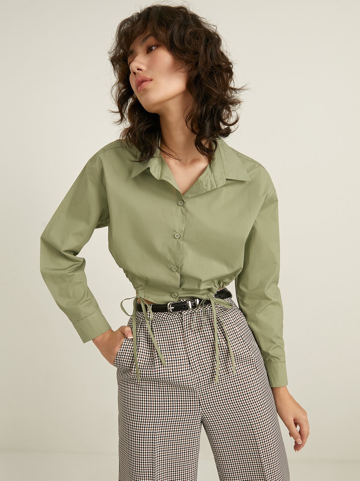 Drawstring Tie Waist Crop Shirt - Mint - Pomelo Fashion