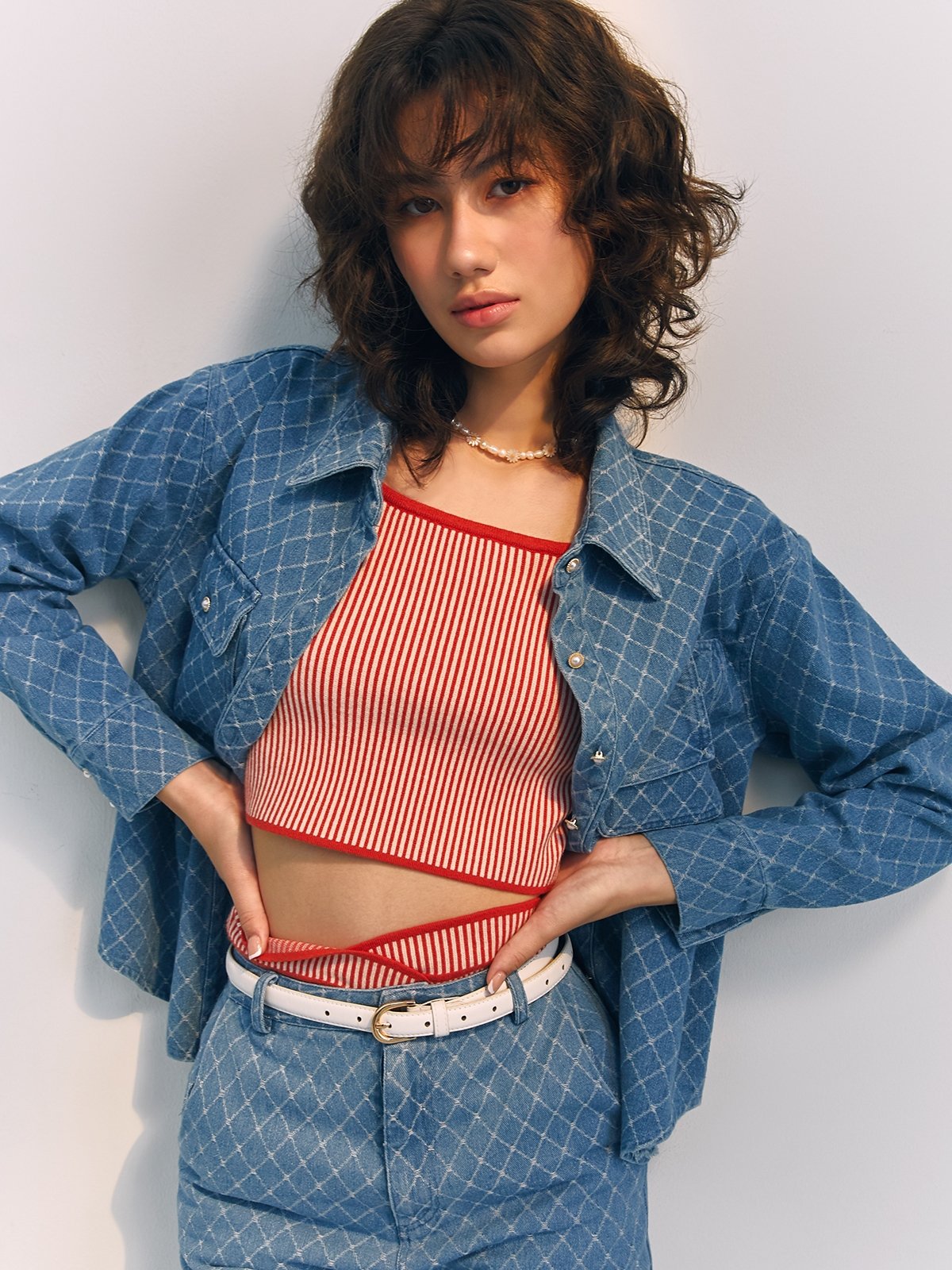 Diamond Pattern Denim Shirt - Blue - Pomelo Fashion