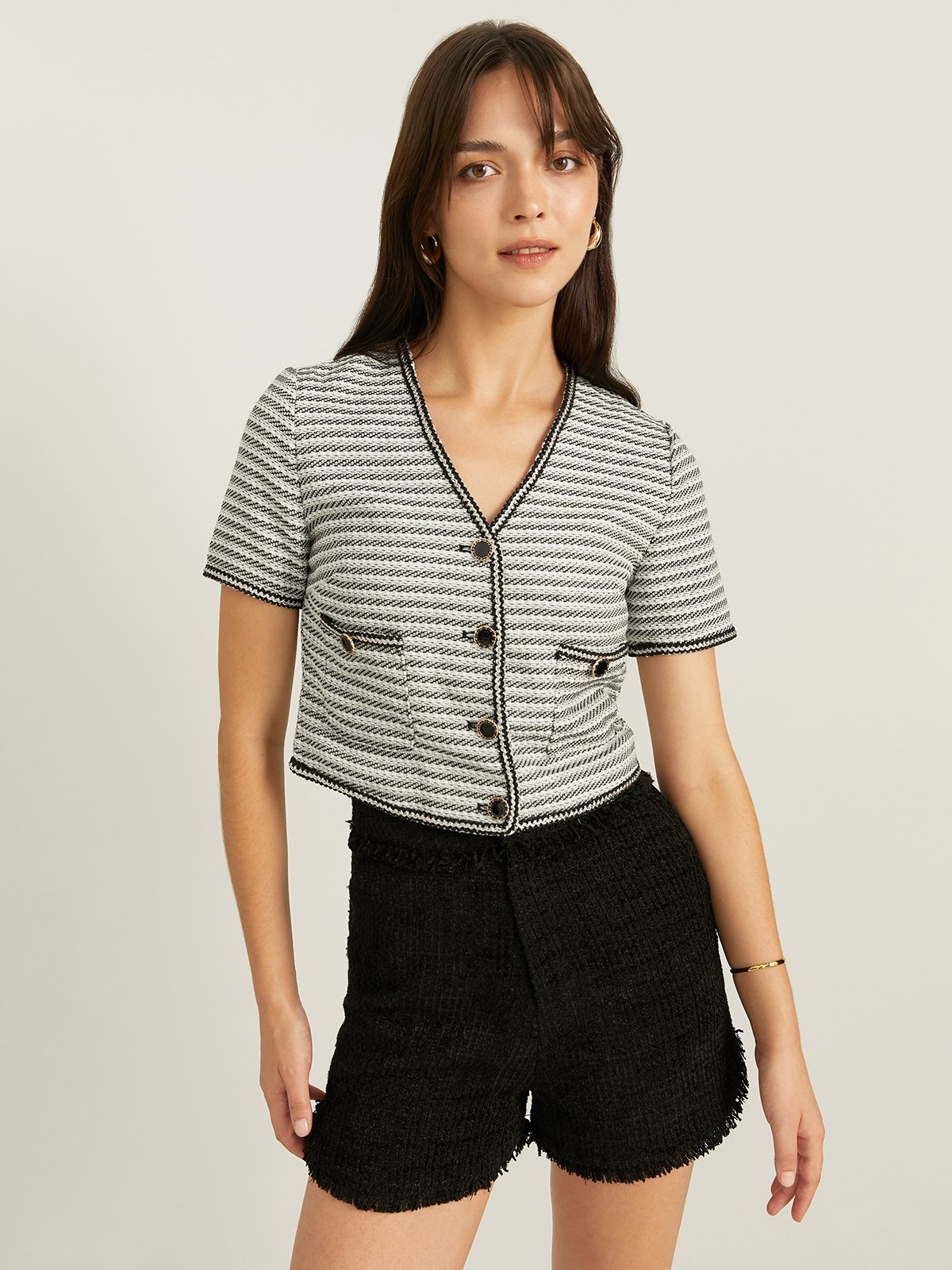 Tweed Stripe Blouses - Black - Pomelo Fashion